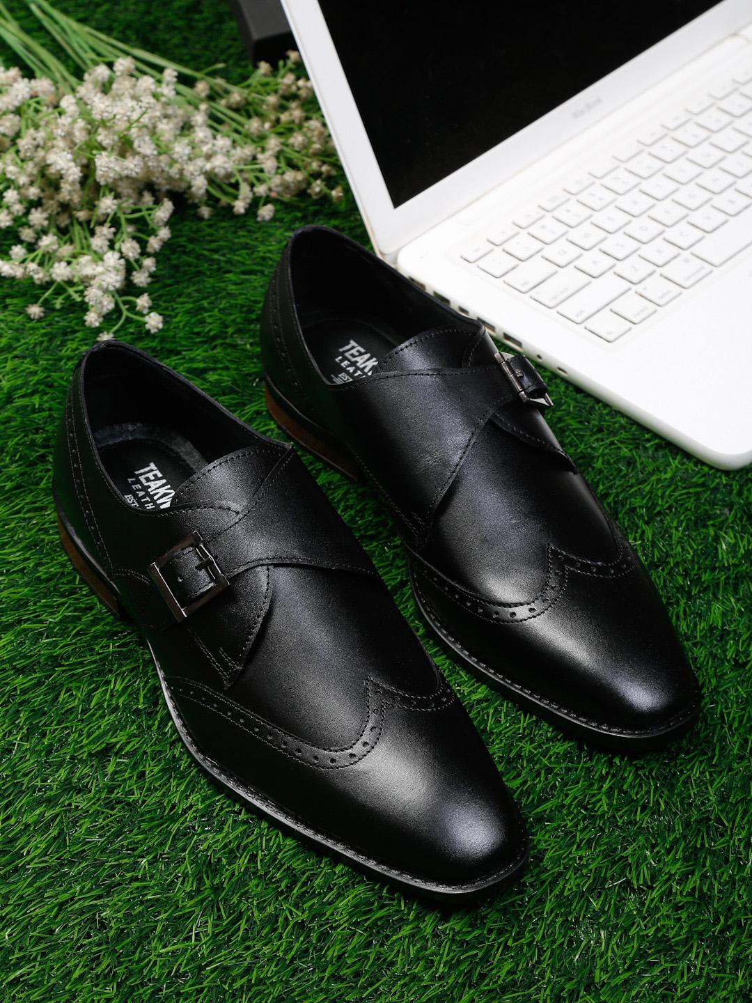 Buy Teakwood Leathers Men Black Solid Leather Formal Monk Shoes ...
