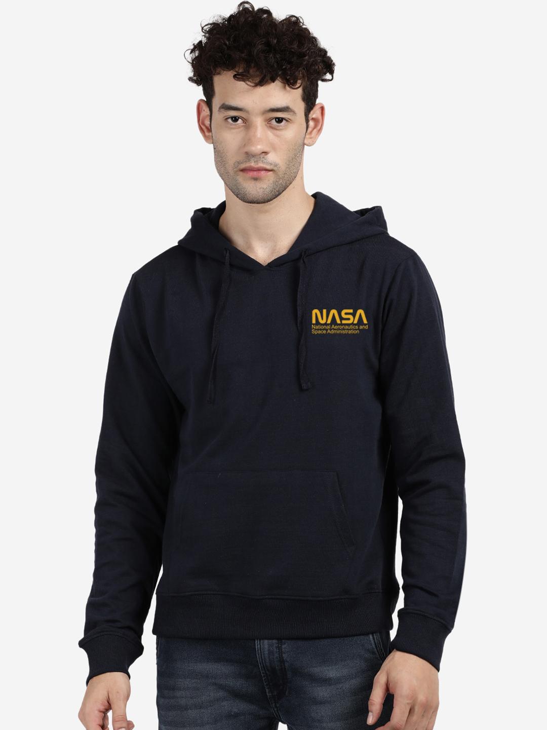 Buy MASH UNLIMITED Men Navy Blue NASA Printed Hooded Cotton Sweatshirt ...