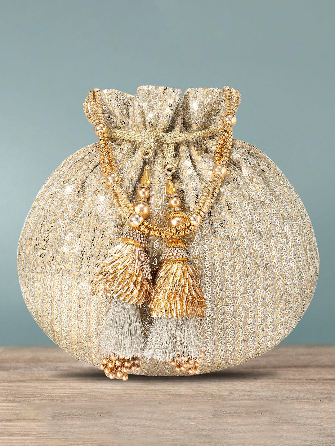 Buy Peora Gold Sequinned Embellished Potli Clutch With Drawstring ...