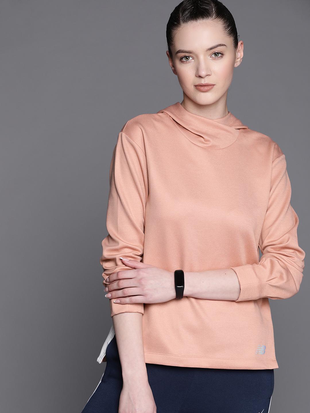 Buy New Balance Women Peach Coloured Drop Shoulder Sleeves Solid Hooded ...
