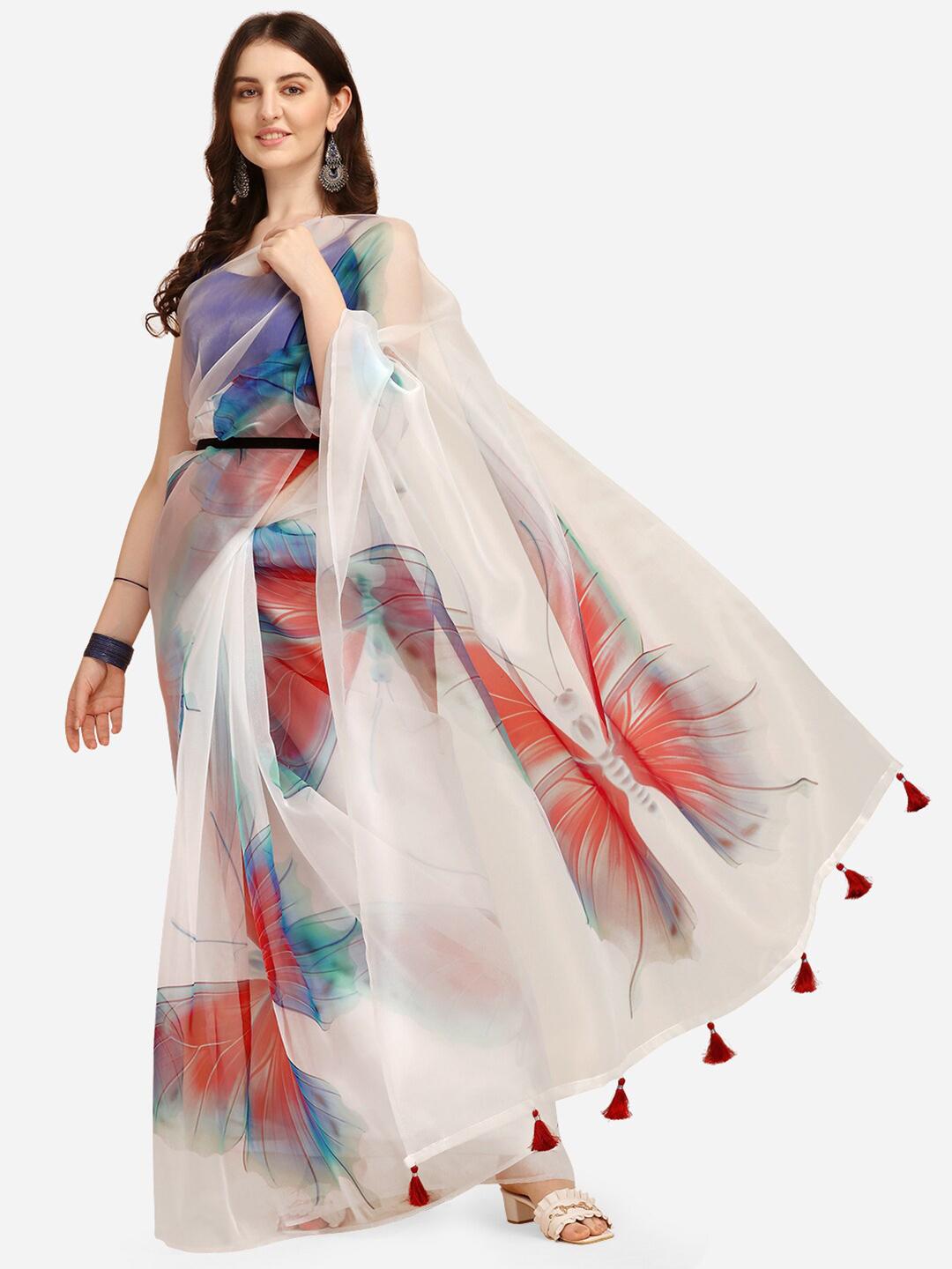 Buy Mitera White & Red Printed Organza Saree - Sarees for Women ...