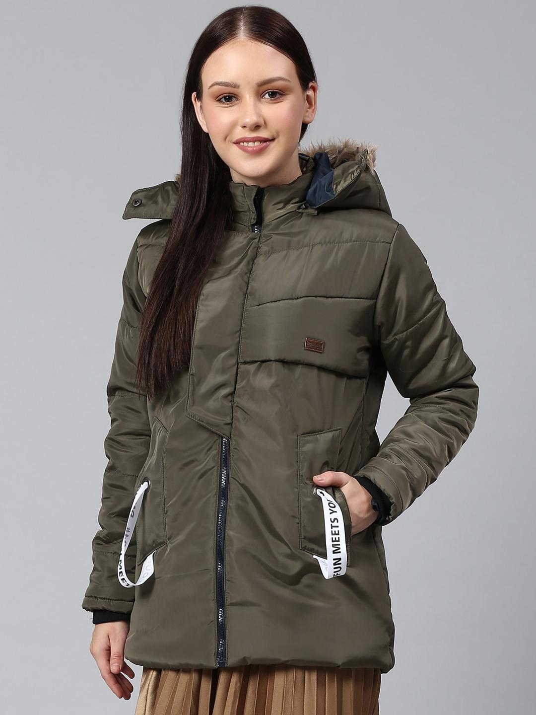 Buy Campus Sutra Women Olive Green Windcheater Longline Padded Jacket ...