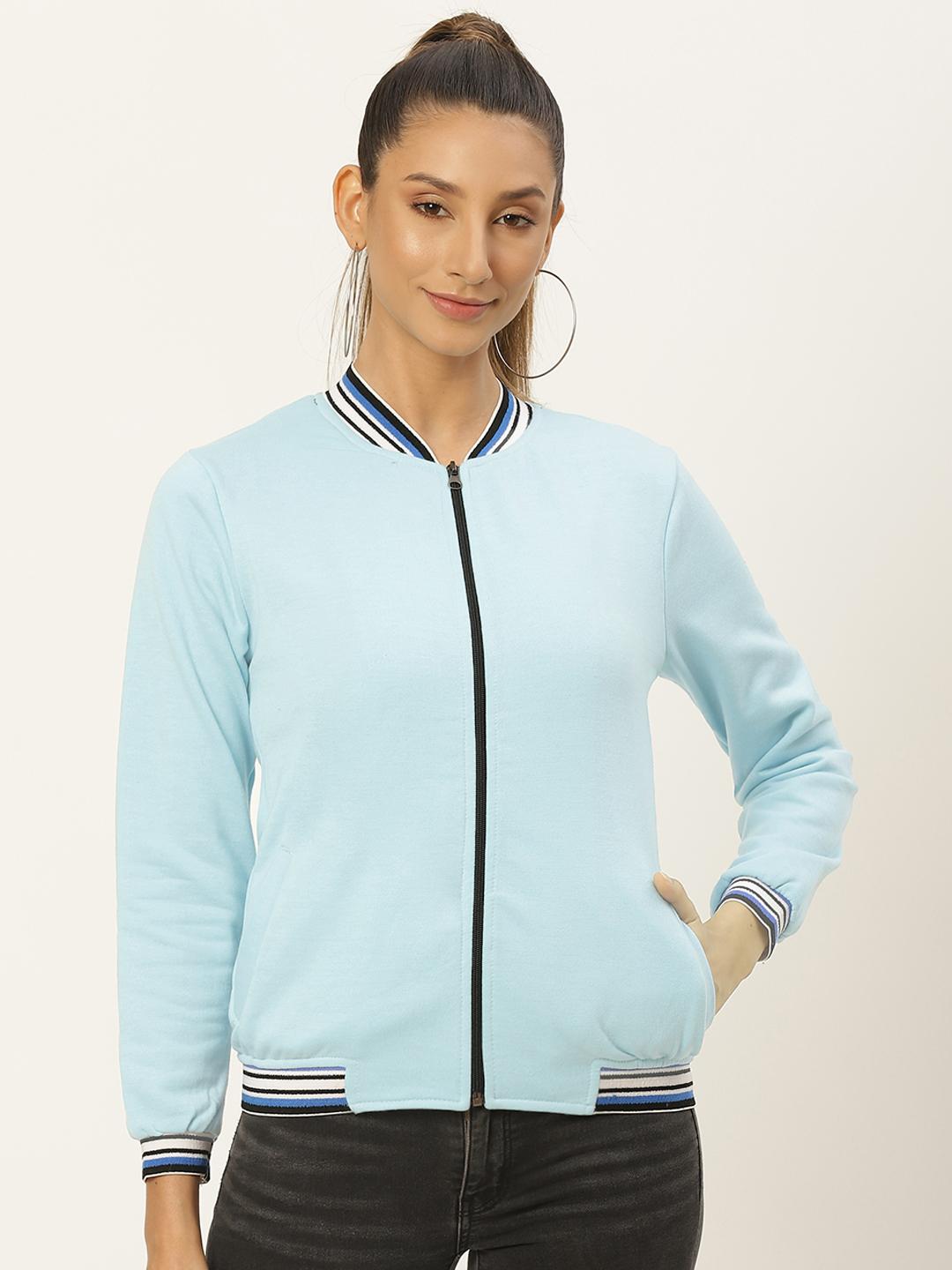 Buy Belle Fille Women Turquoise Blue Solid Fleece Lightweight Bomber ...