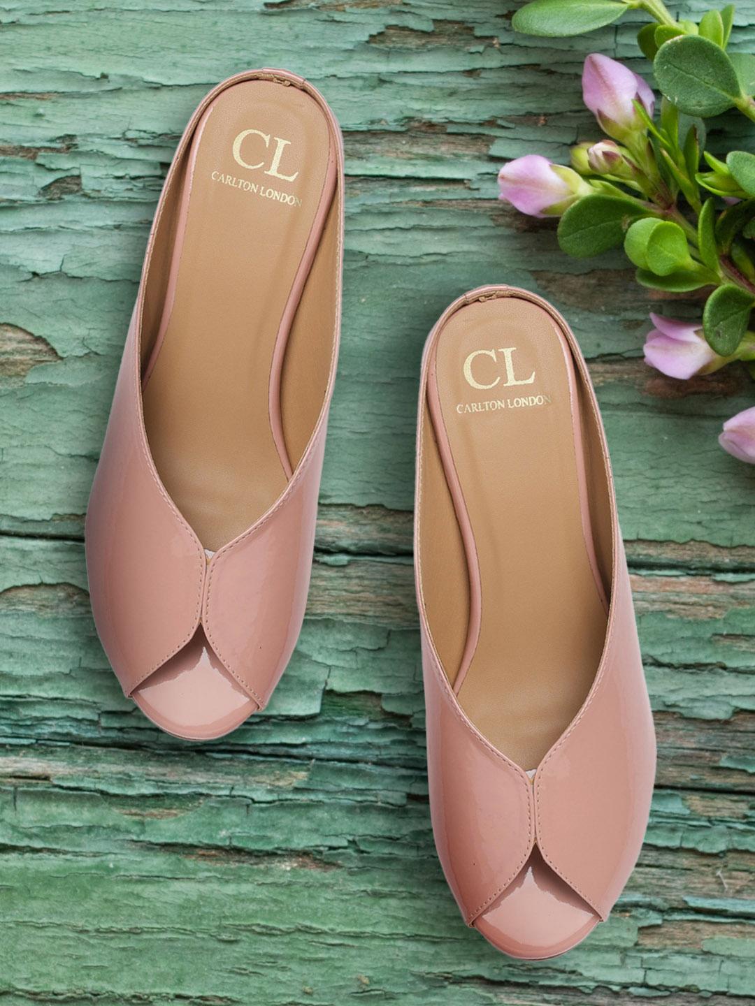 Buy Carlton London Pink Glossy Finish Peep Toe Mule Wedges - Heels for ...