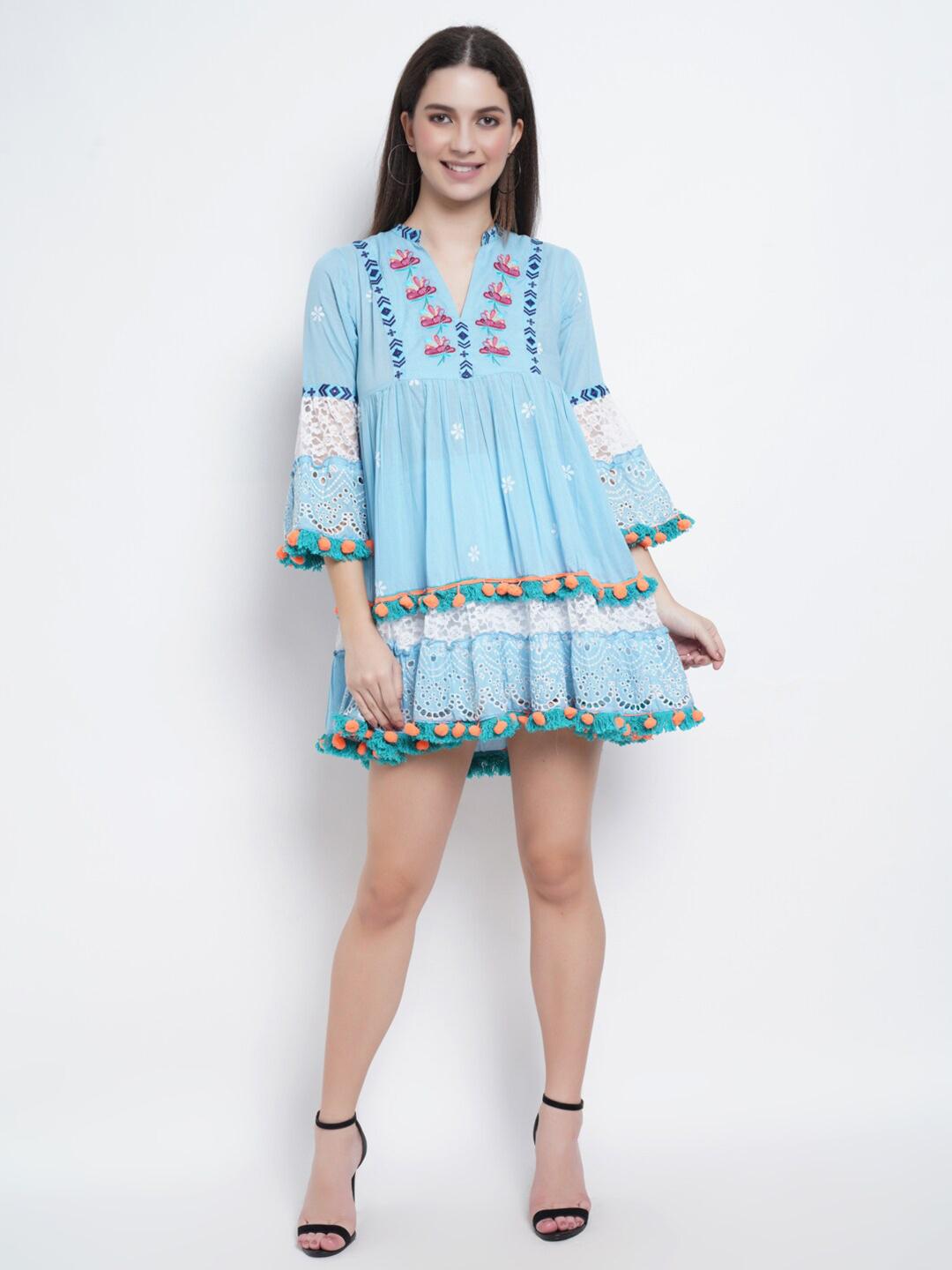 Buy IX IMPRESSION Turquoise Blue & White Floral Embroidered Dress ...