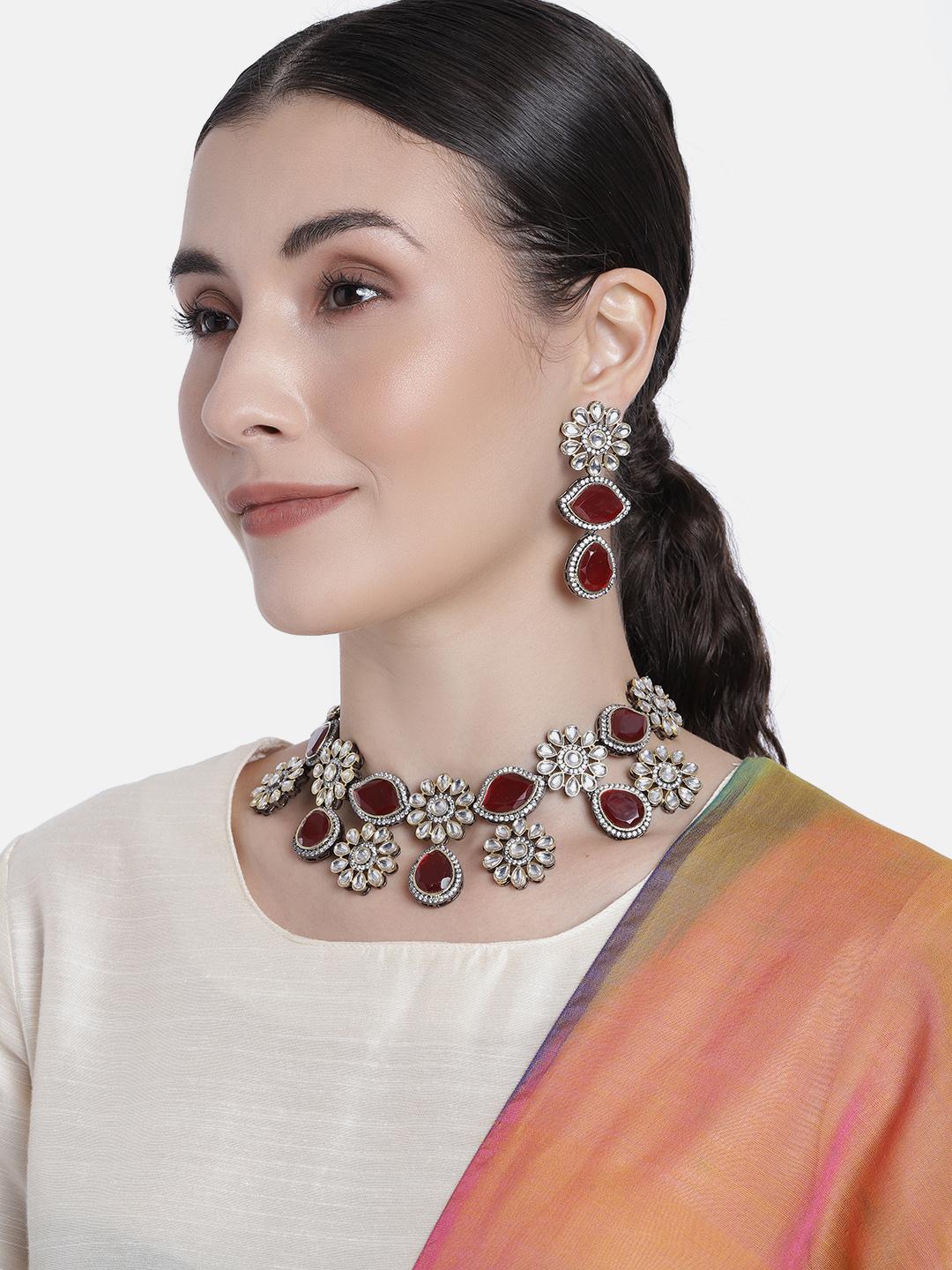 Buy I Jewels Gold Plated Maroon Stone & Kundan Necklace Jewellery Set ...