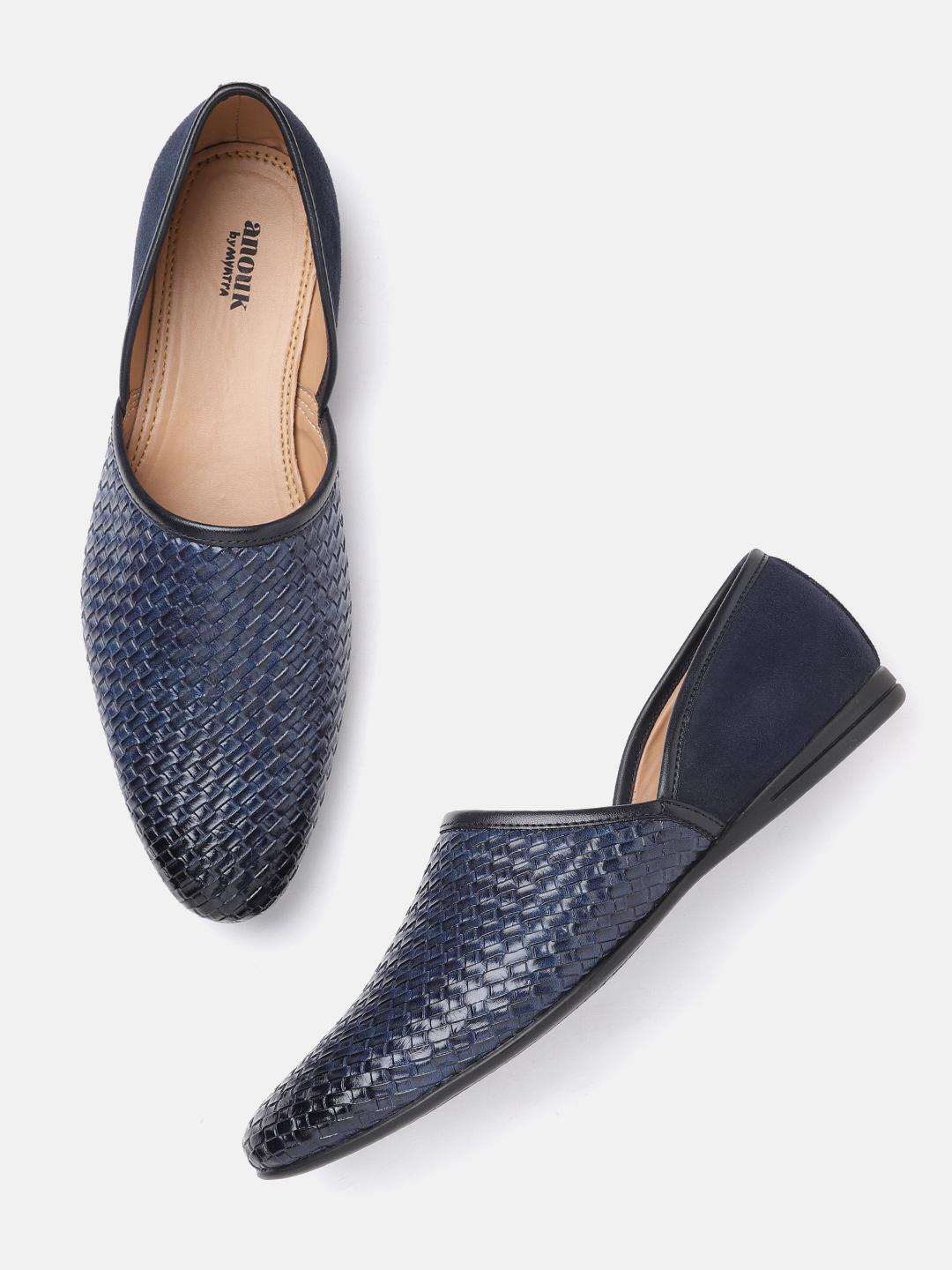 Buy Anouk Men Navy Blue Basketweave Textured Mojaris - Casual Shoes for ...