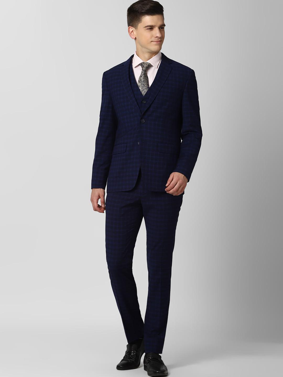 Buy Peter England Elite Men Navy Blue Slim Fit Checked Single Breasted ...