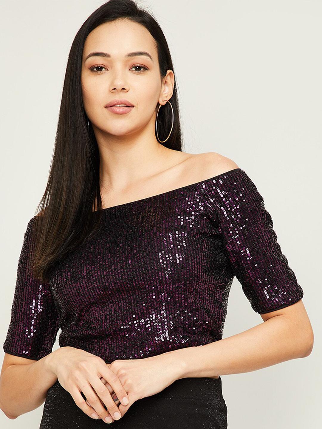 Buy Ginger By Lifestyle Brown Embellished Off Shoulder Bardot Crop Top ...