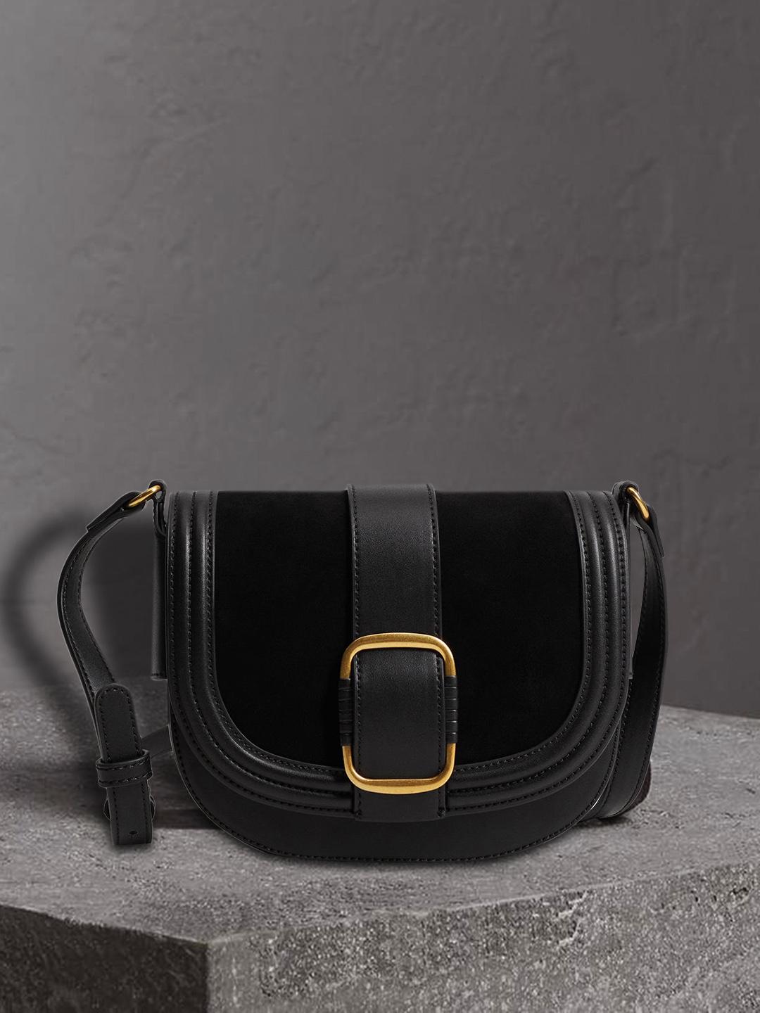 Buy MANGO Black Solid Suede Finish Buckle Detail Half Moon Sling Bag ...