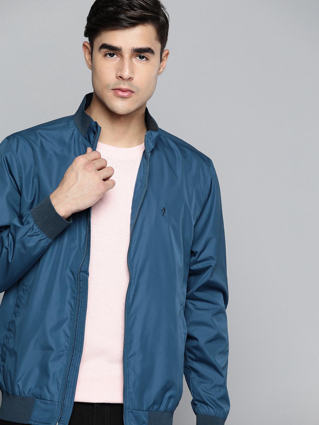 Buy Indian Terrain Men Teal Blue Solid Bomber Jacket - Jackets for Men ...
