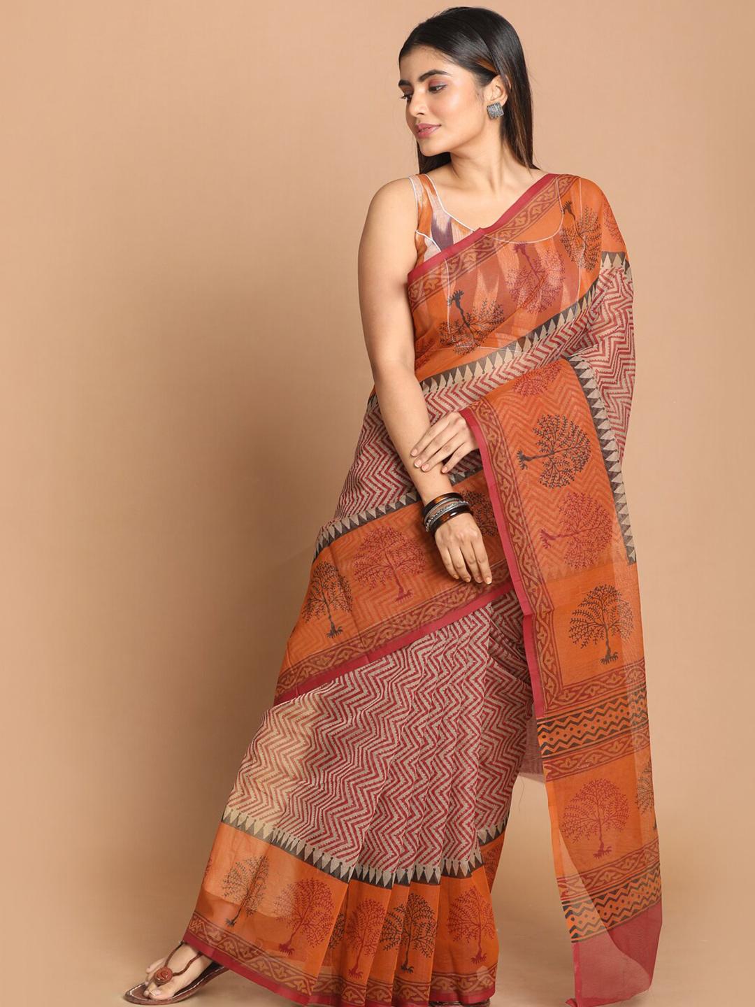 Buy Indethnic Maroon & Rust Ethnic Motifs Printed Saree - Sarees for ...
