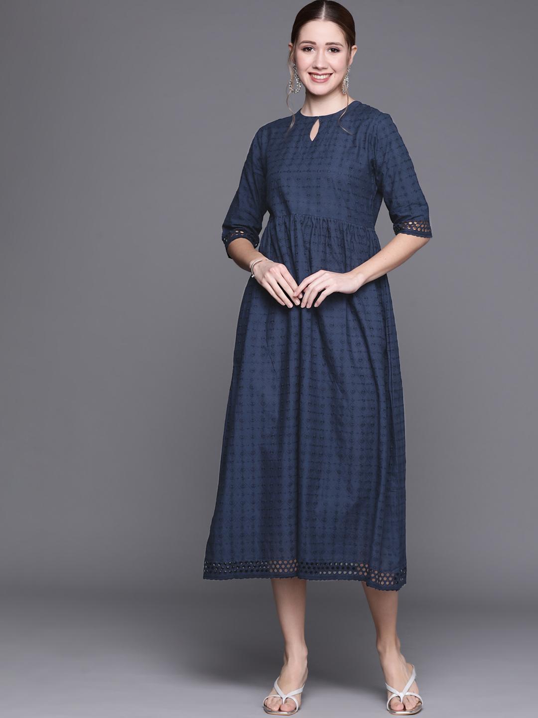 Buy Libas Blue Cotton Embroidered A Line Fit And Flared Dress - Ethnic ...