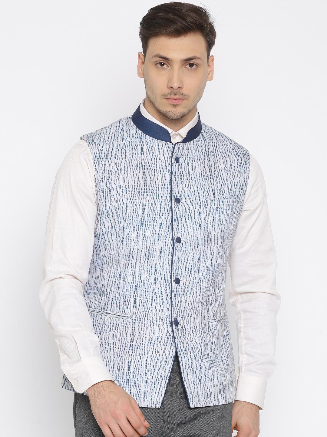 Buy Raymond Ethnix White & Blue Printed Nehru Jacket - Nehru Jackets ...