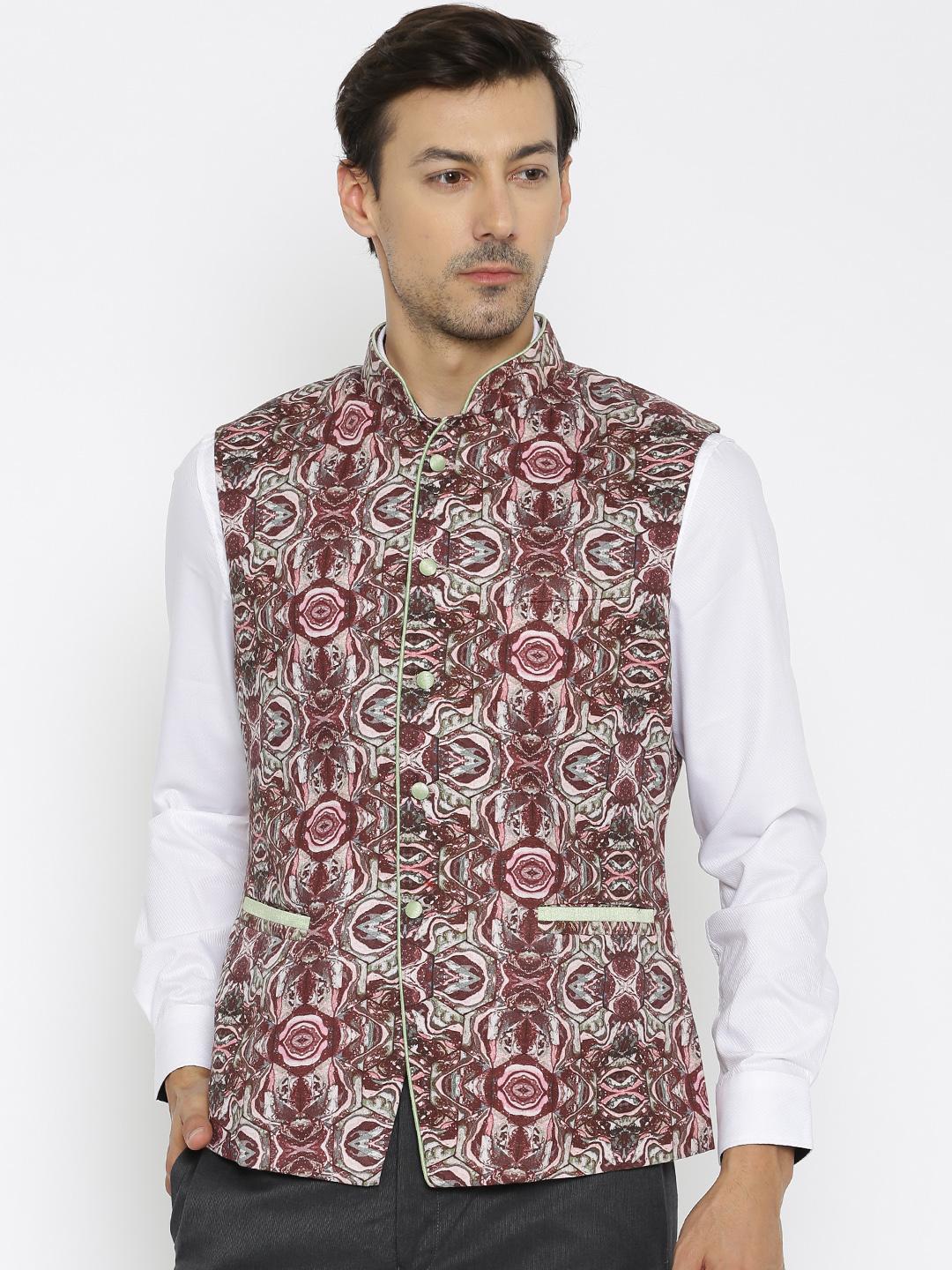 Buy Raymond Ethnix Burgundy & Off White Linen Nehru Jacket - Nehru ...