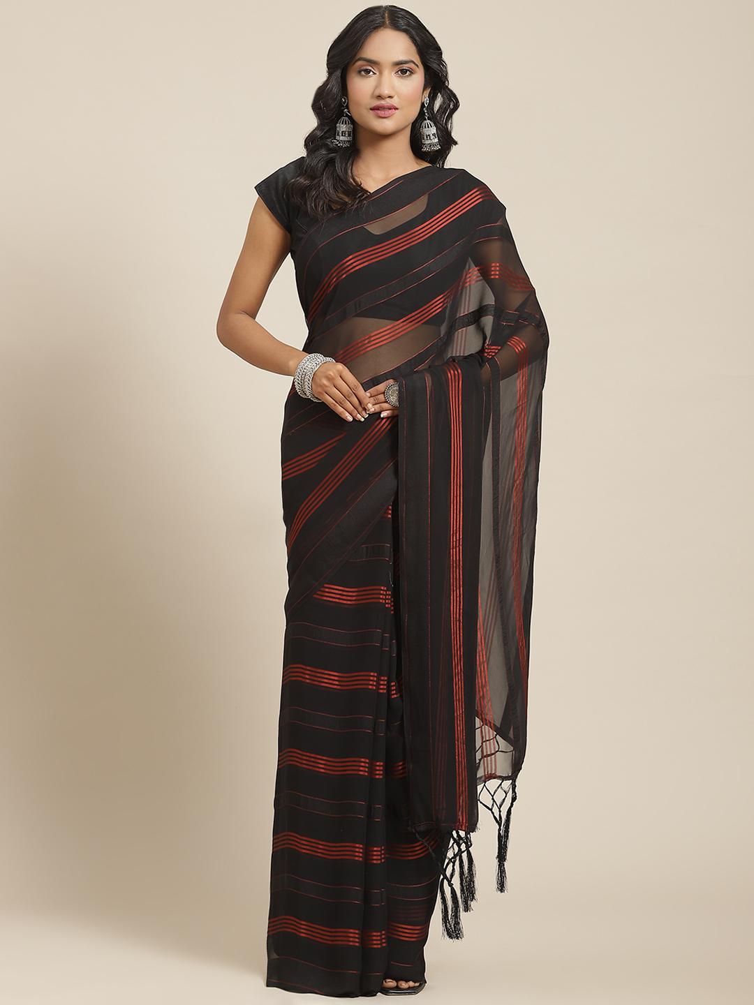Buy Nanda Silk Mills Black & Red Striped Saree - Sarees for Women ...