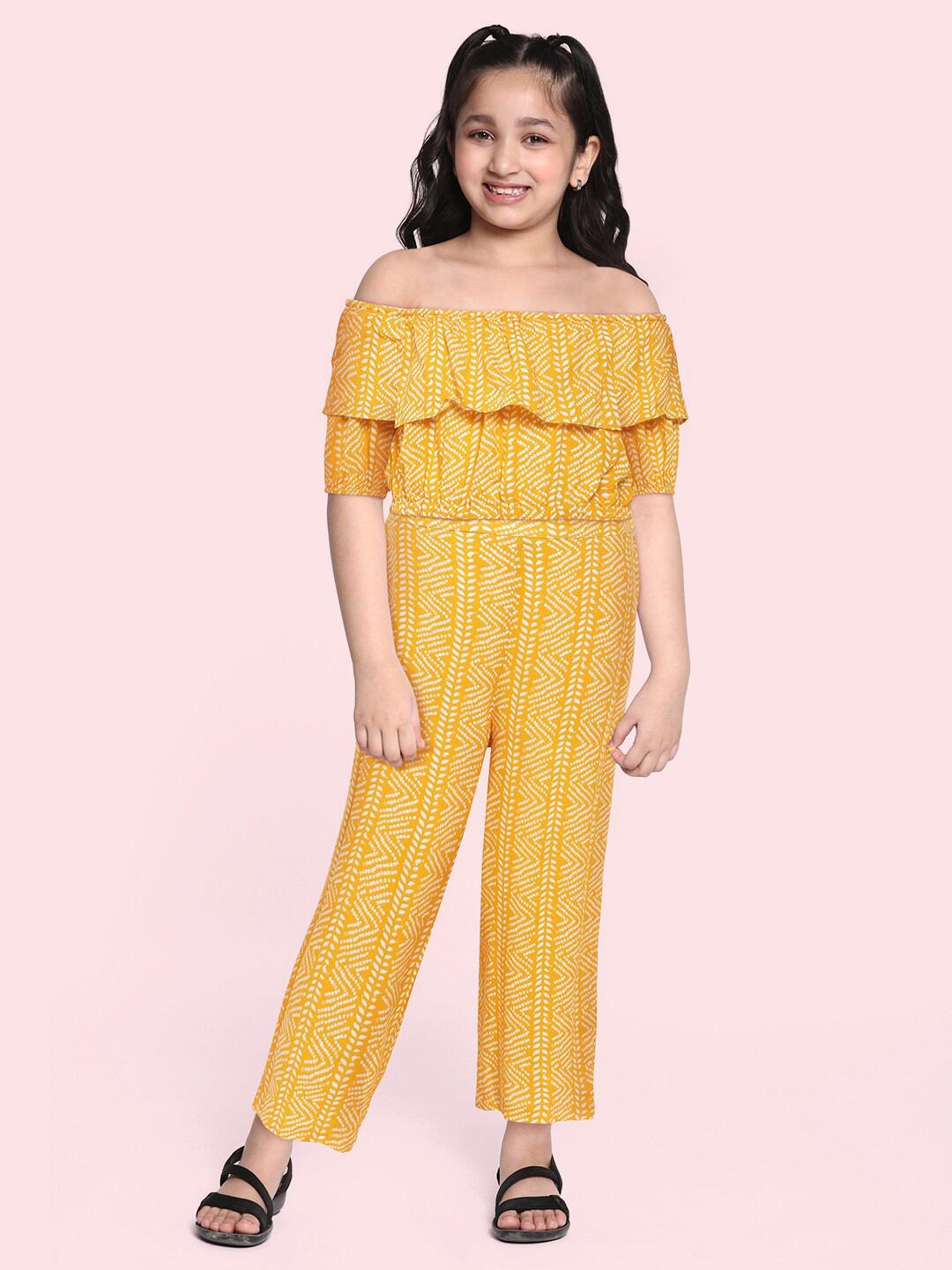 Buy Global Desi Girls Mustard Yellow Off Shoulder Printed Crop Top With ...