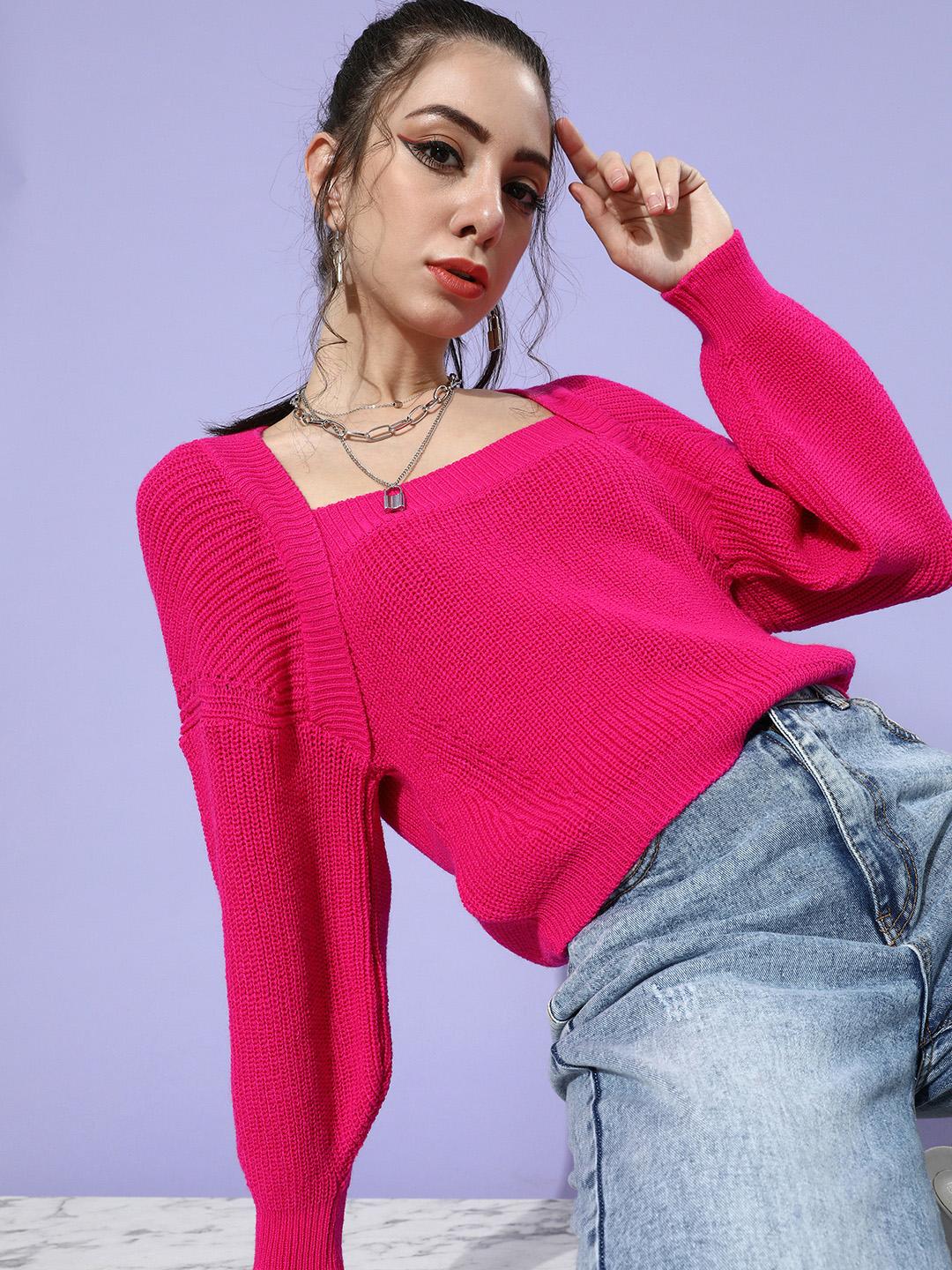Buy STREET 9 Women Bright Fuchsia Solid Drop Shoulder Sleeves Sweater ...