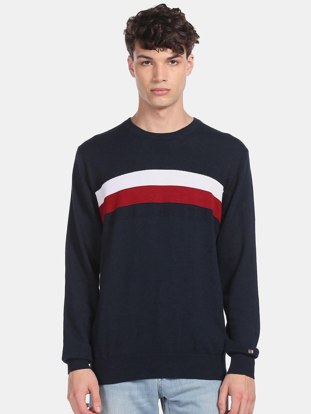 Buy Arrow Sport Men Blue & Red Striped Pure Cotton Pullover - Sweaters ...