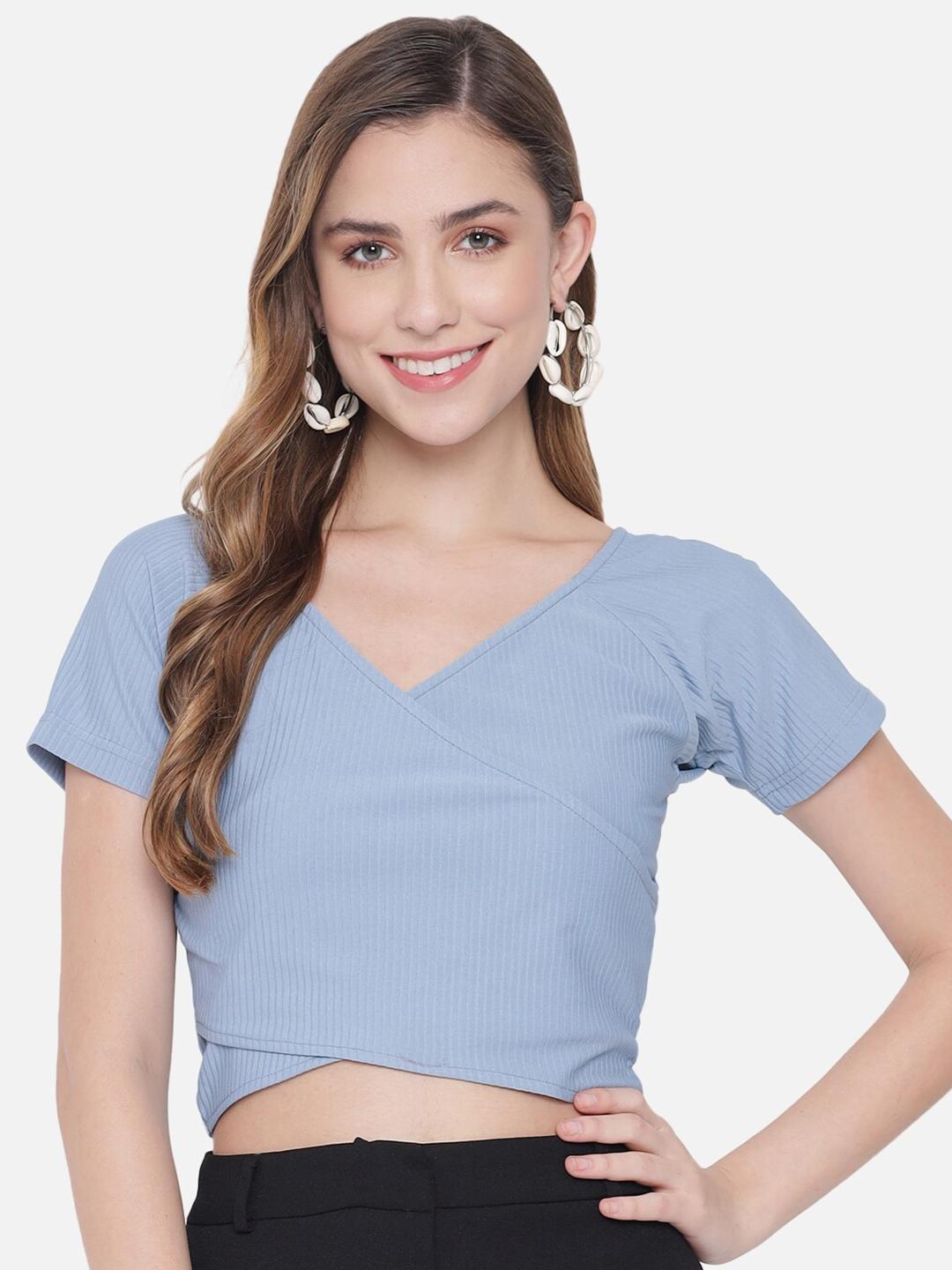 Buy Orchid Blues Women Blue Solid Wrap Crop Top - Tops for Women ...