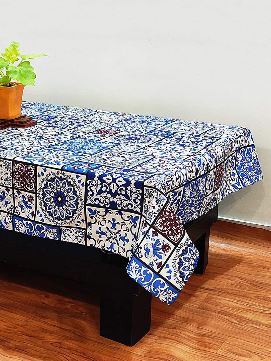 Buy STITCHNEST Blue & White Cotton Canvas Table Cover - Table Covers ...