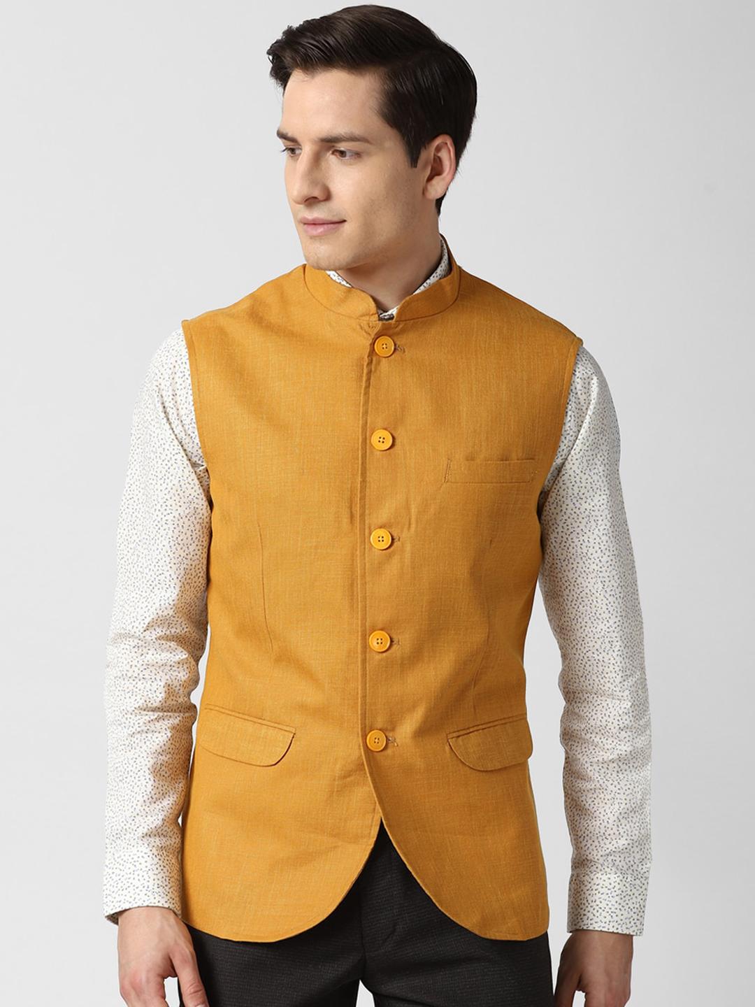 Buy Peter England Elite Men Yellow Solid Woven Nehru Jacket - Nehru ...