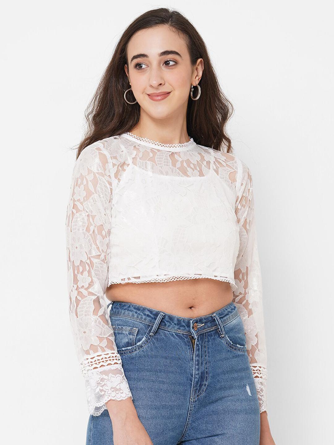 Buy PAPA BRANDS White Floral Monochrome Crop Top - Tops for Women ...