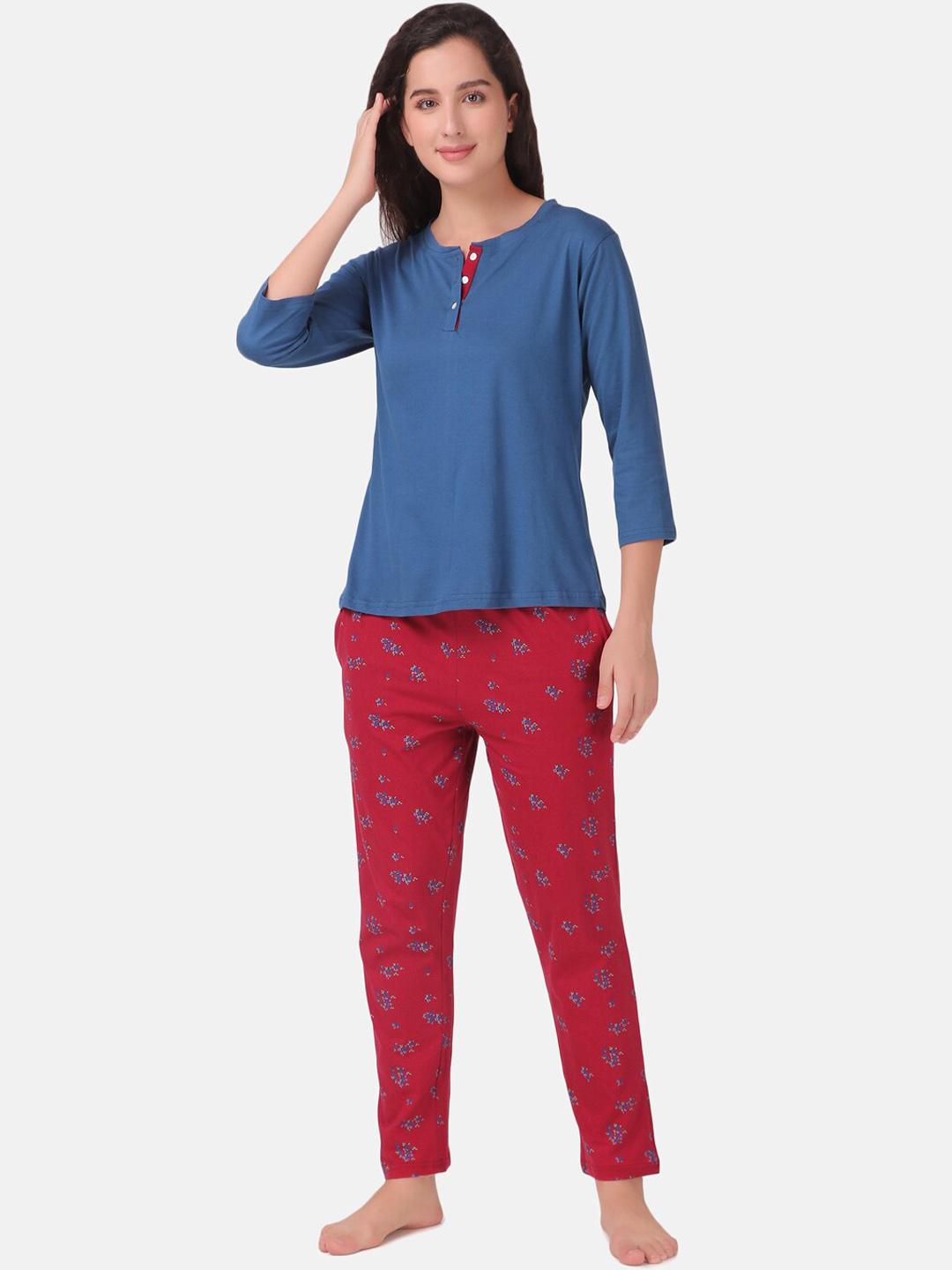 Buy Masha Women Maroon & Blue Pure Cotton Night Suit - Night Suits for ...