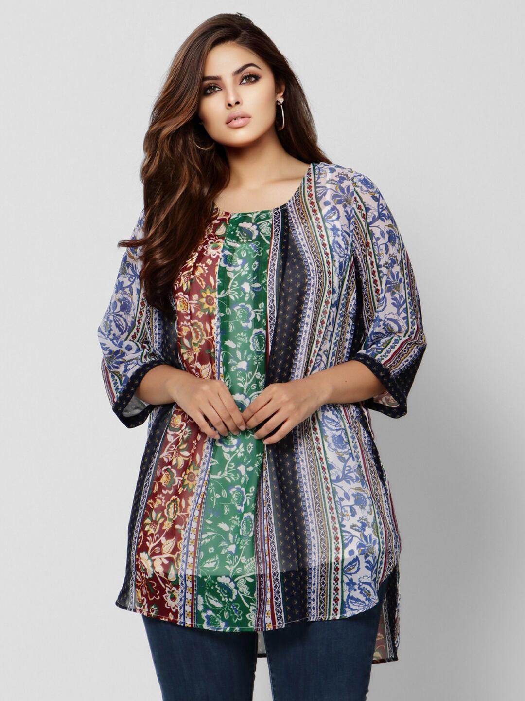 Buy VERO MODA CURVE Black & Green Floral Printed Tunic - Tunics for ...