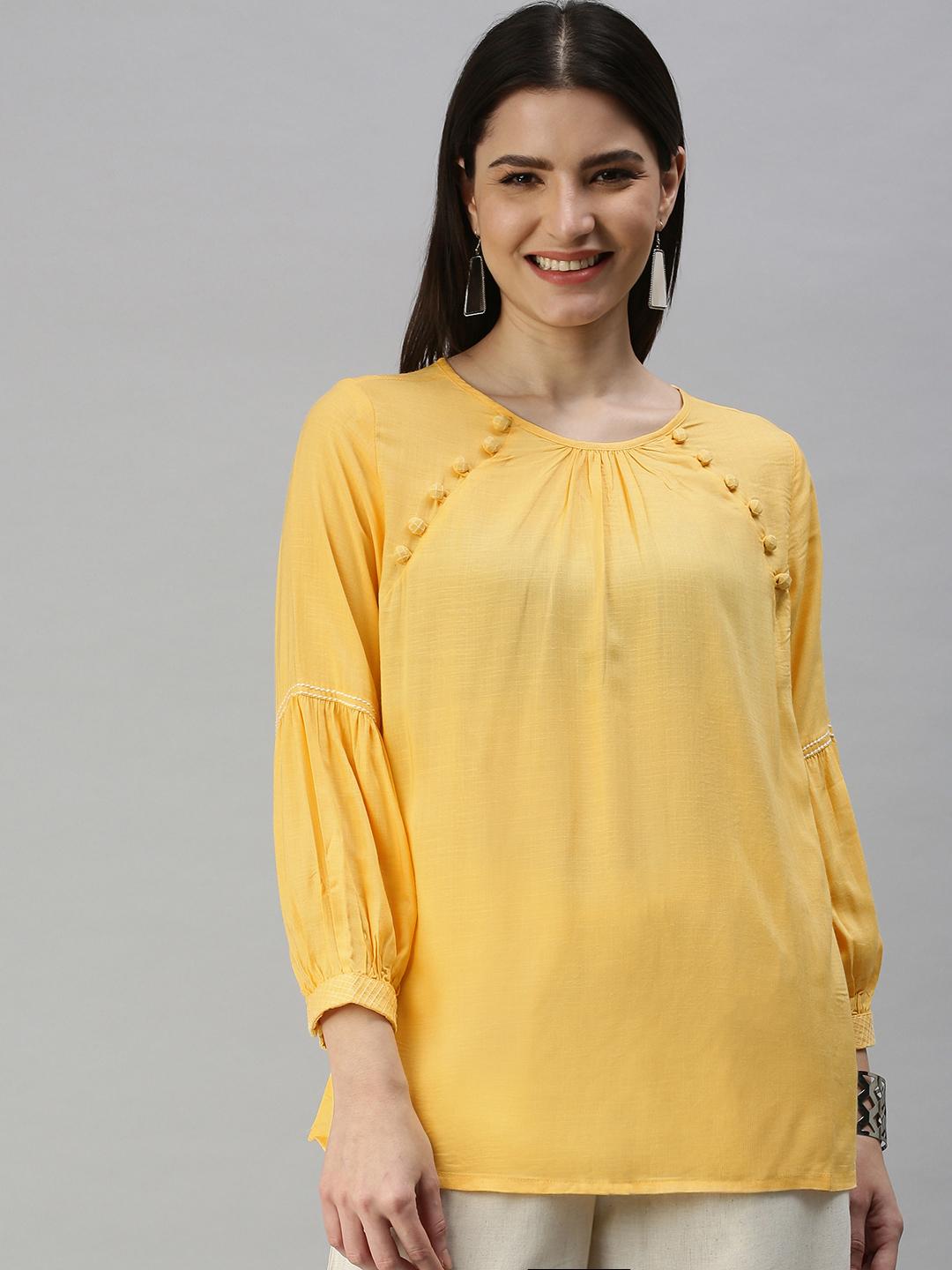 Buy Global Desi Yellow Embroidered Button Detailed Top - Tops for Women ...