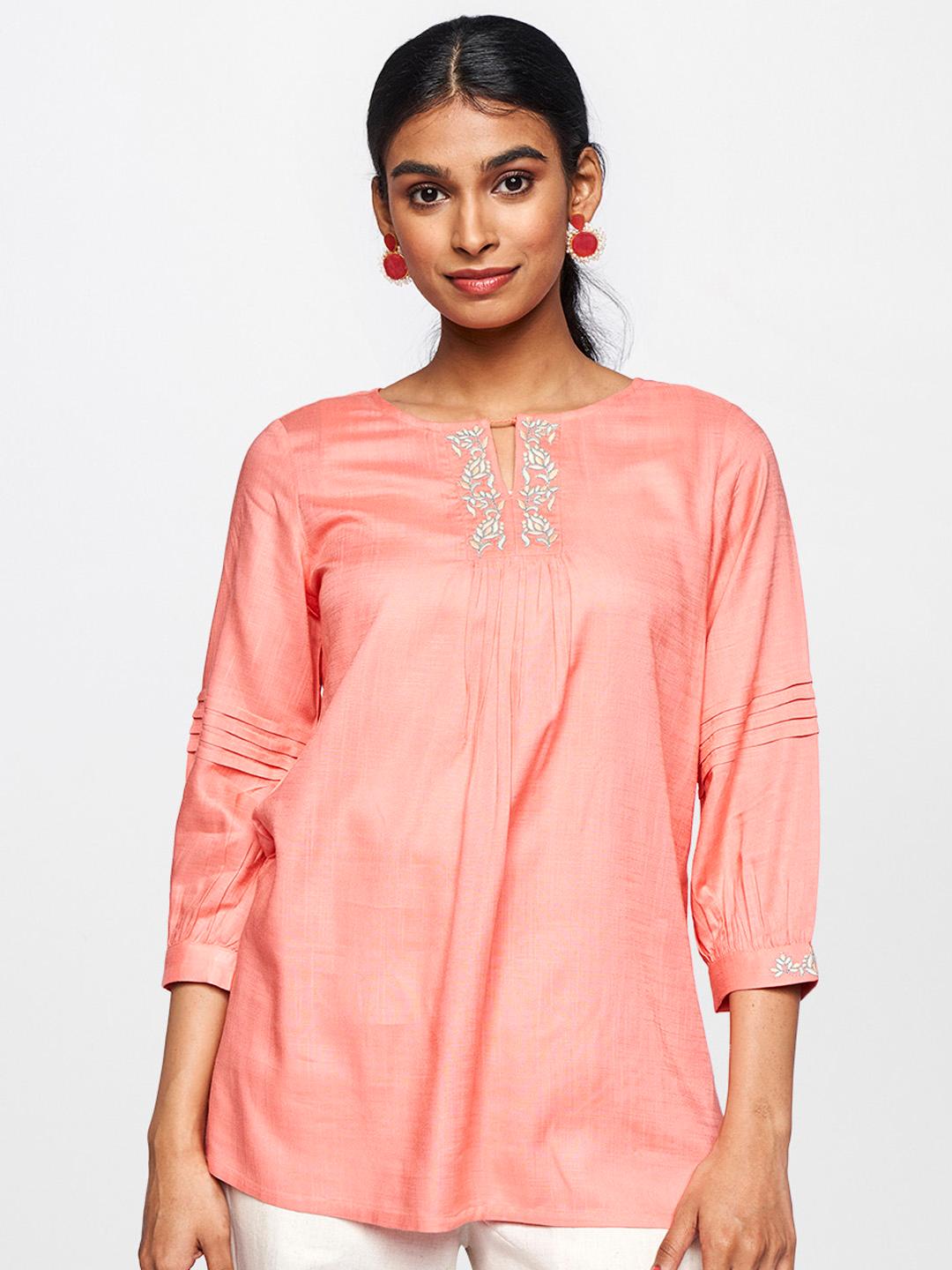 Buy Global Desi Coral Red & White Floral Embroidered Top - Tops for ...
