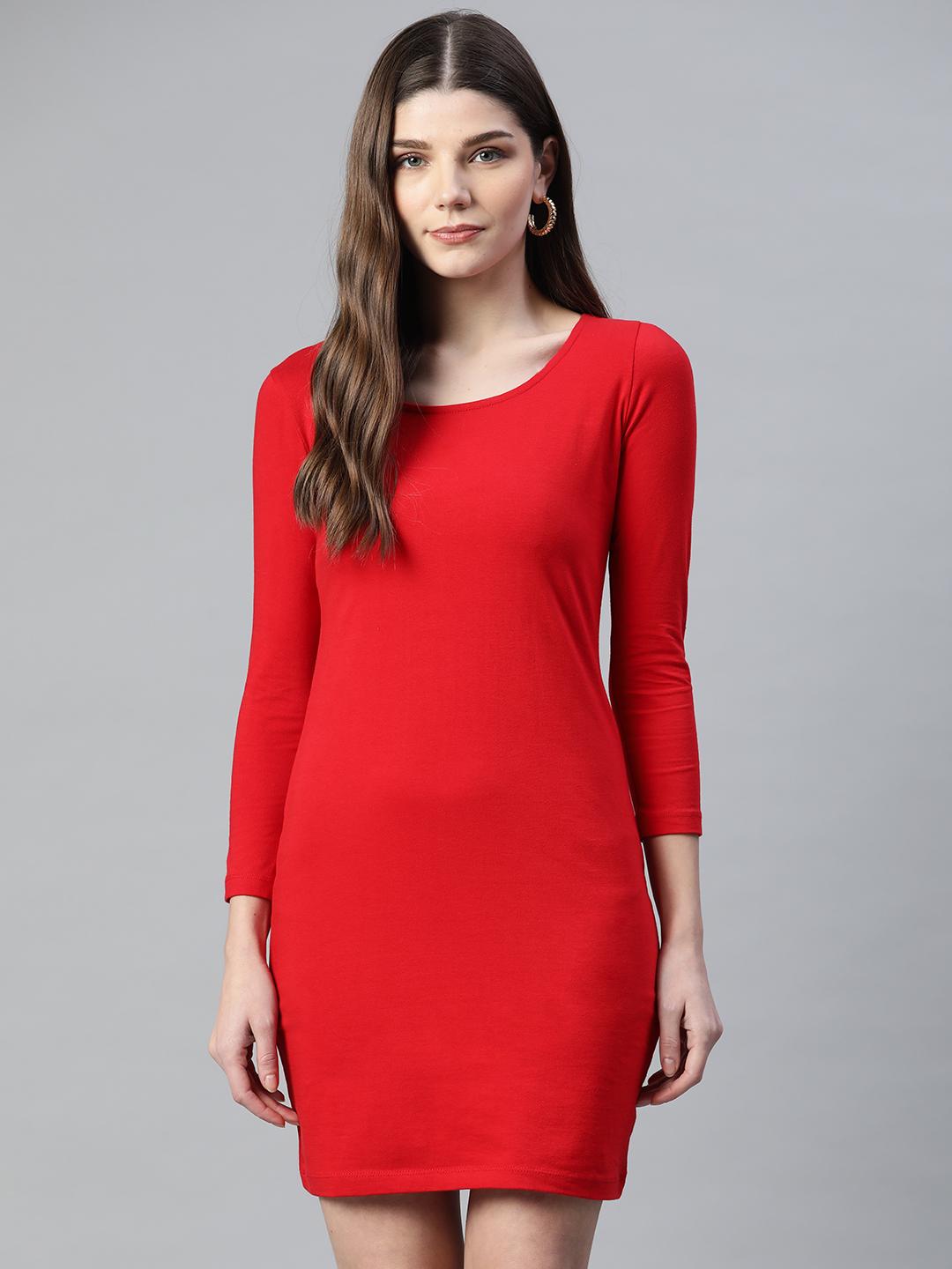 Buy VARUSHKA Women Red Cotton Solid Bodycon Dress - Dresses for Women ...
