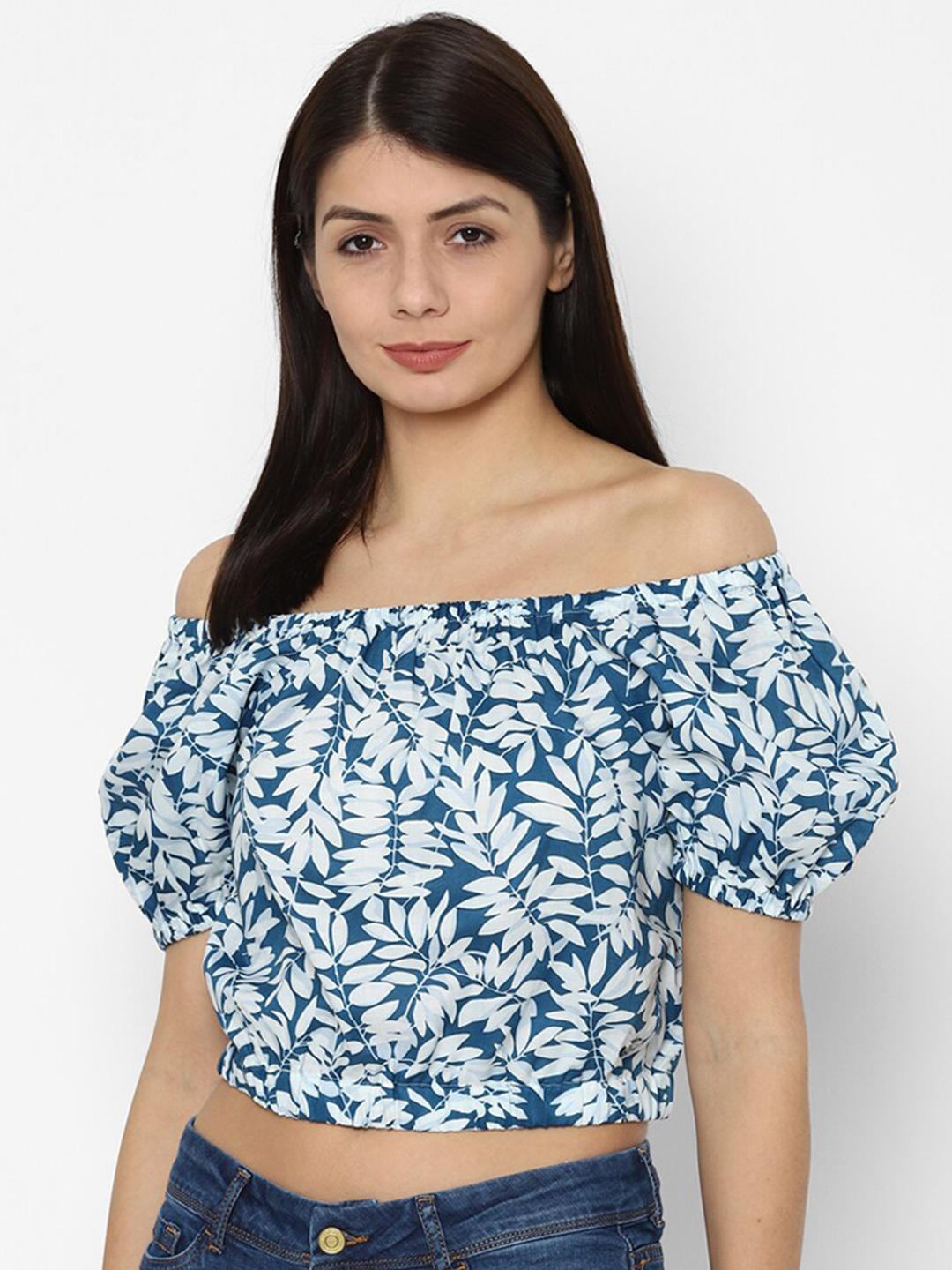 Buy Allen Solly Woman Blue Tropical Print Off Shoulder Bardot Crop Top ...