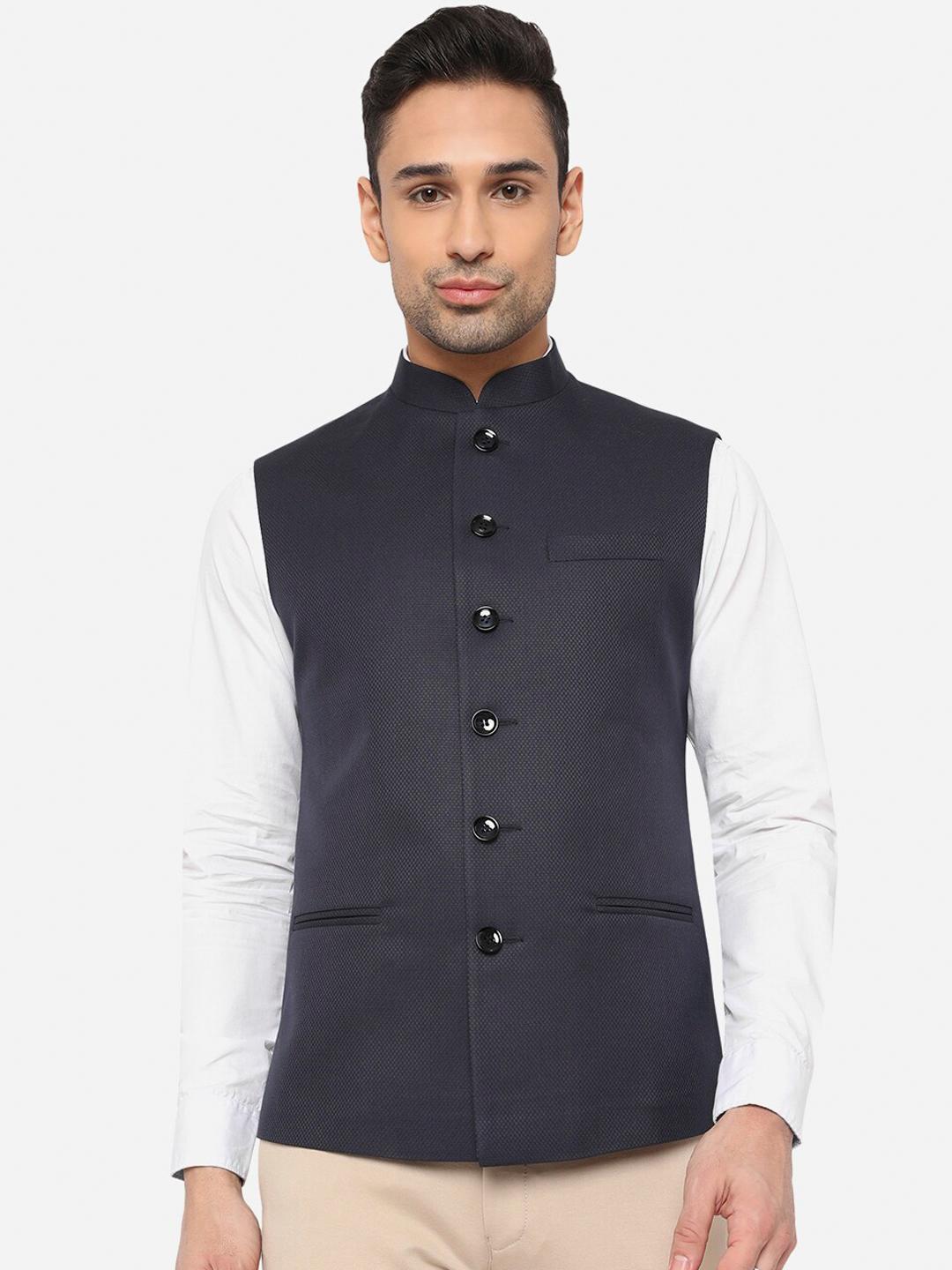 Buy Greenfibre Men Navy Blue Solid Terry Wool Regular Fit Waistcoat ...