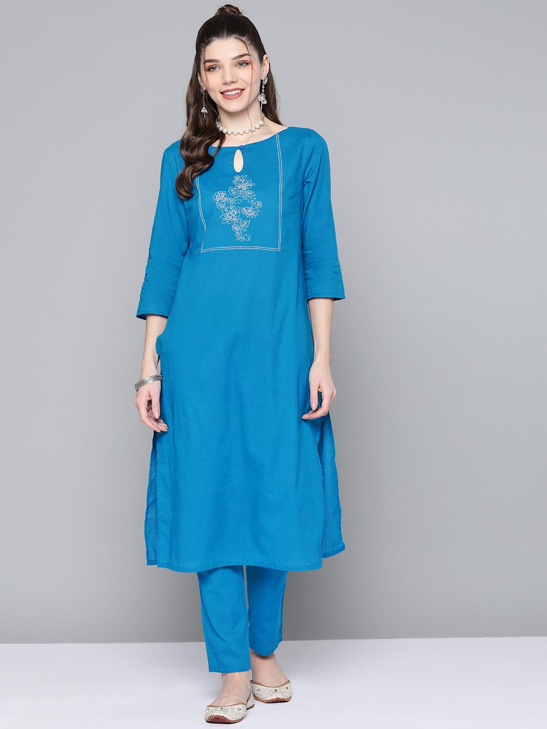 Buy HERE&NOW Women Blue Thread Work Kurta With Trousers - Kurta Sets ...