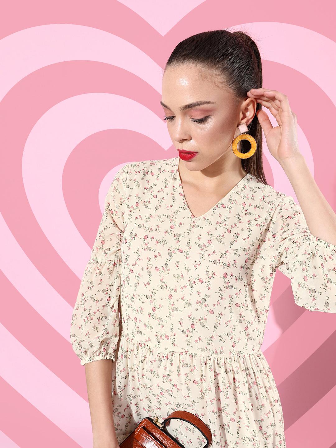 Buy DODO & MOA Classic Cream Floral Tiered Dress - Dresses for Women ...