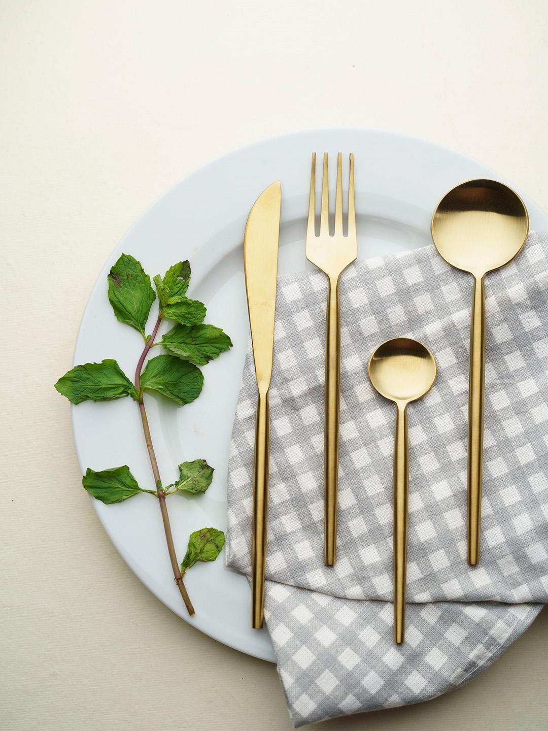 Buy Folkstorys Set Of 4 Gold Coloured Brass Cutlery - Cutlery Set for ...