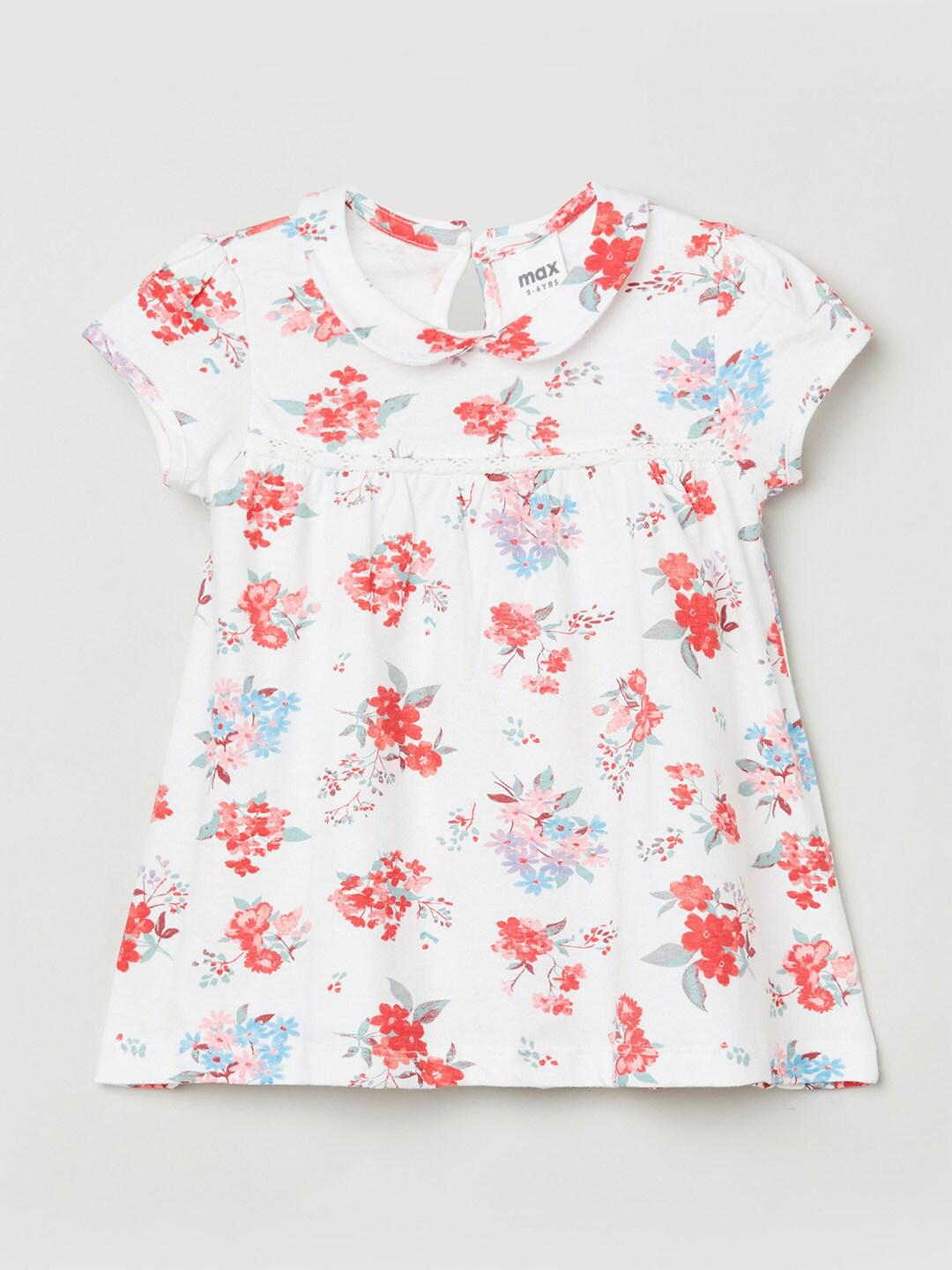 Buy Max Girls White & Red Floral Print Pure Cotton A Line Top - Tops ...