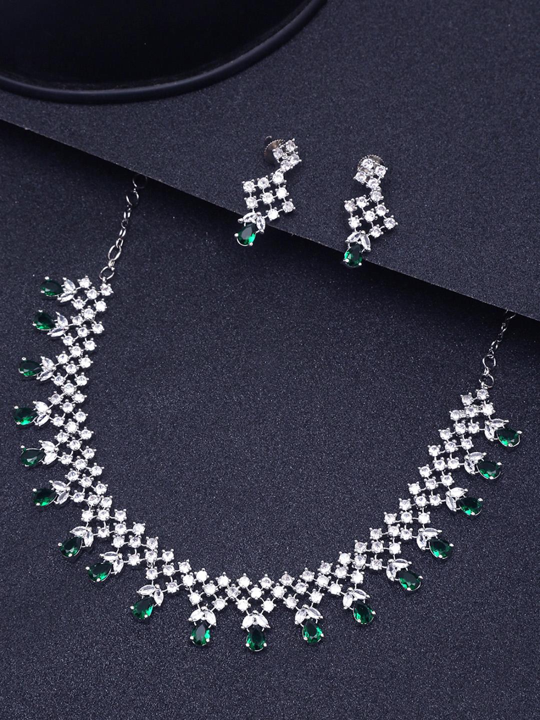 Buy Yellow Chimes Rhodium Plated American Diamond Studded Jewellery Set ...