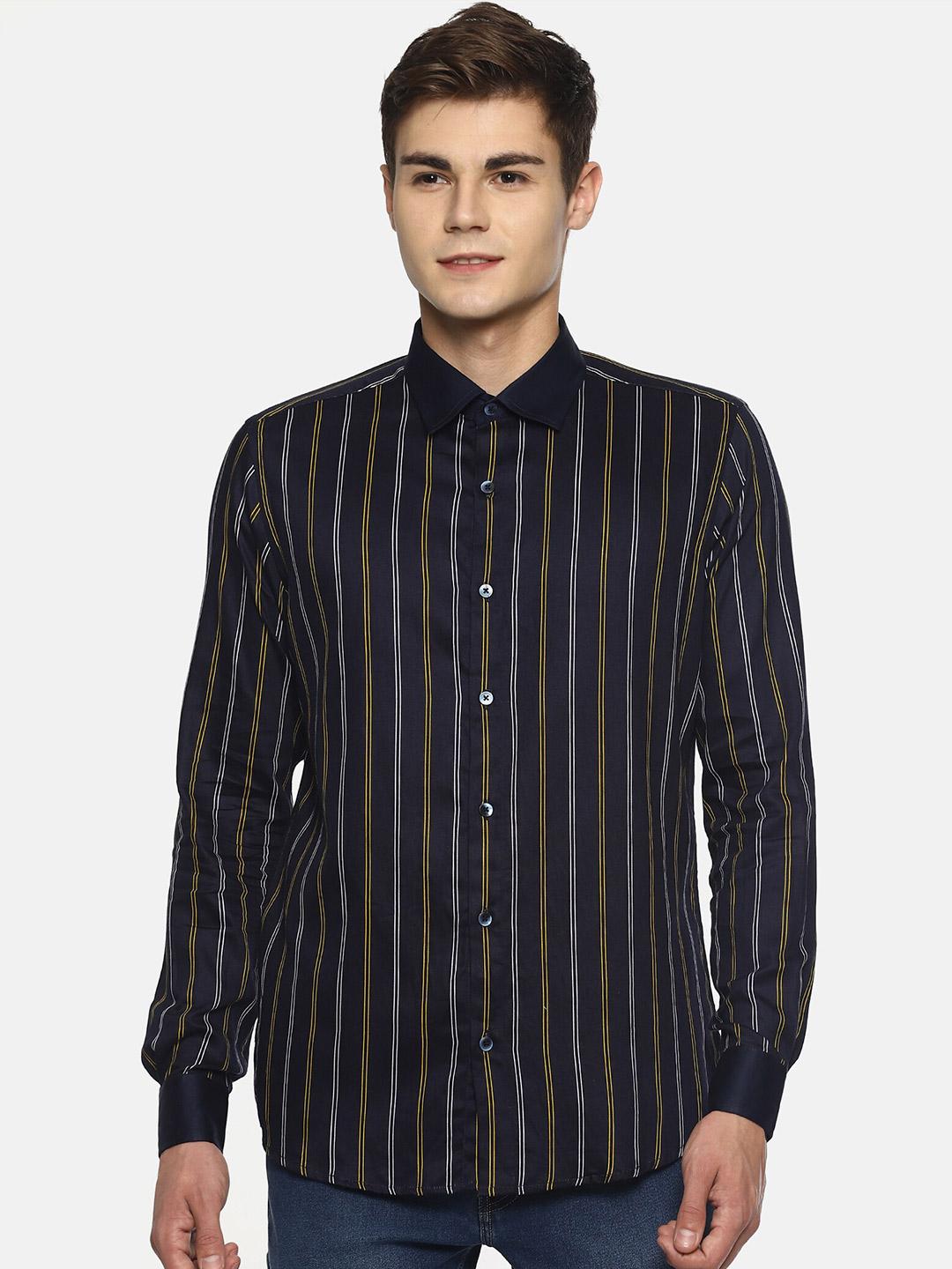 Buy COUPER & COLL Men Navy Blue & White Premium Slim Fit Striped Pure ...