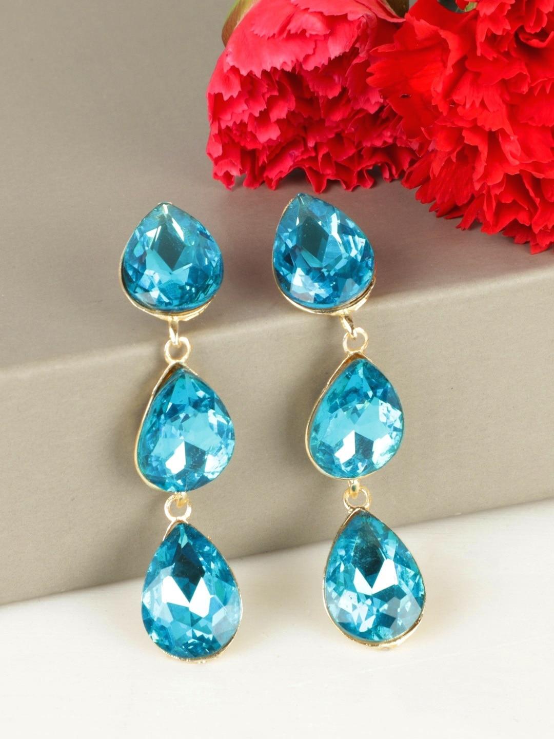 Buy Crunchy Fashion Gold Plated & Blue Teardrop Shaped Drop Earrings ...