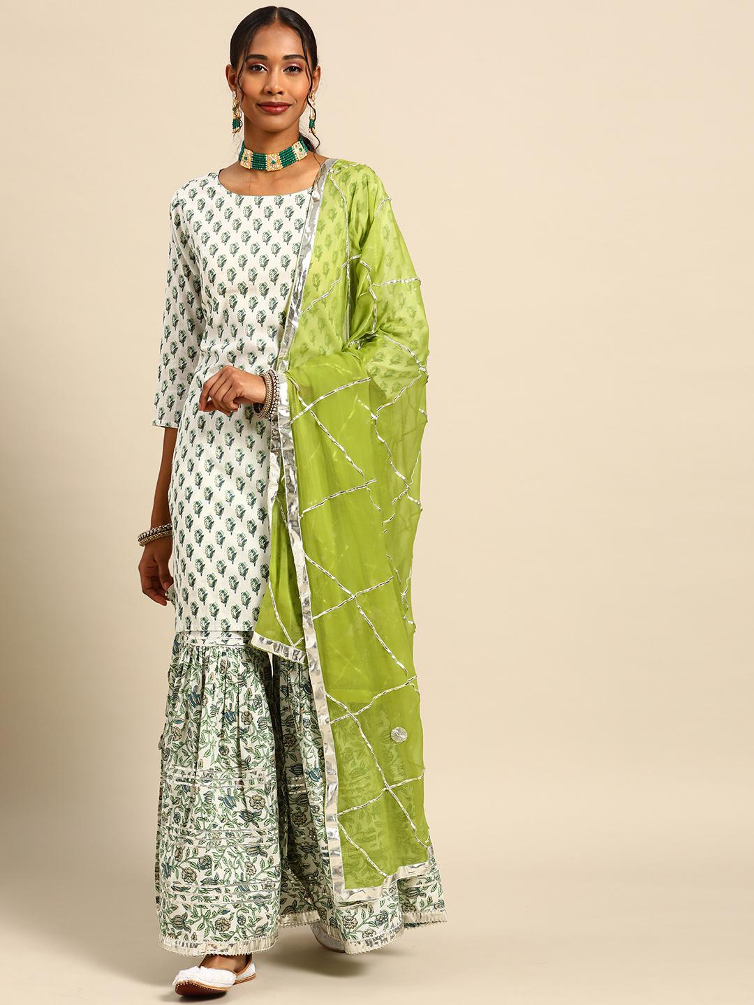 Buy Prakhya Women White & Green Pure Cotton Printed Gotta Patti Kurta ...