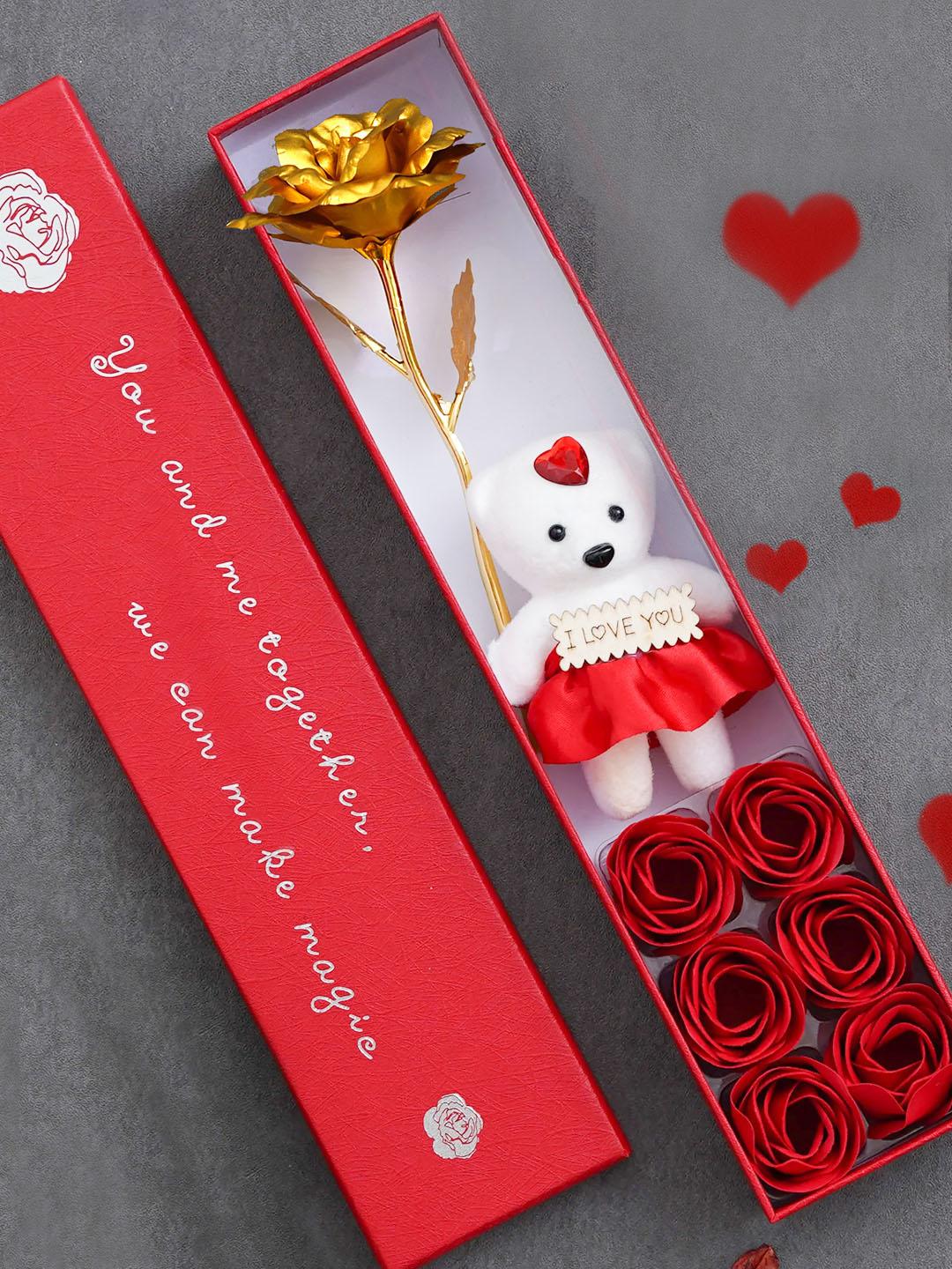 Buy TIED RIBBONS Red Artificial Rose Flower With Mini Teddy Box Combo ...