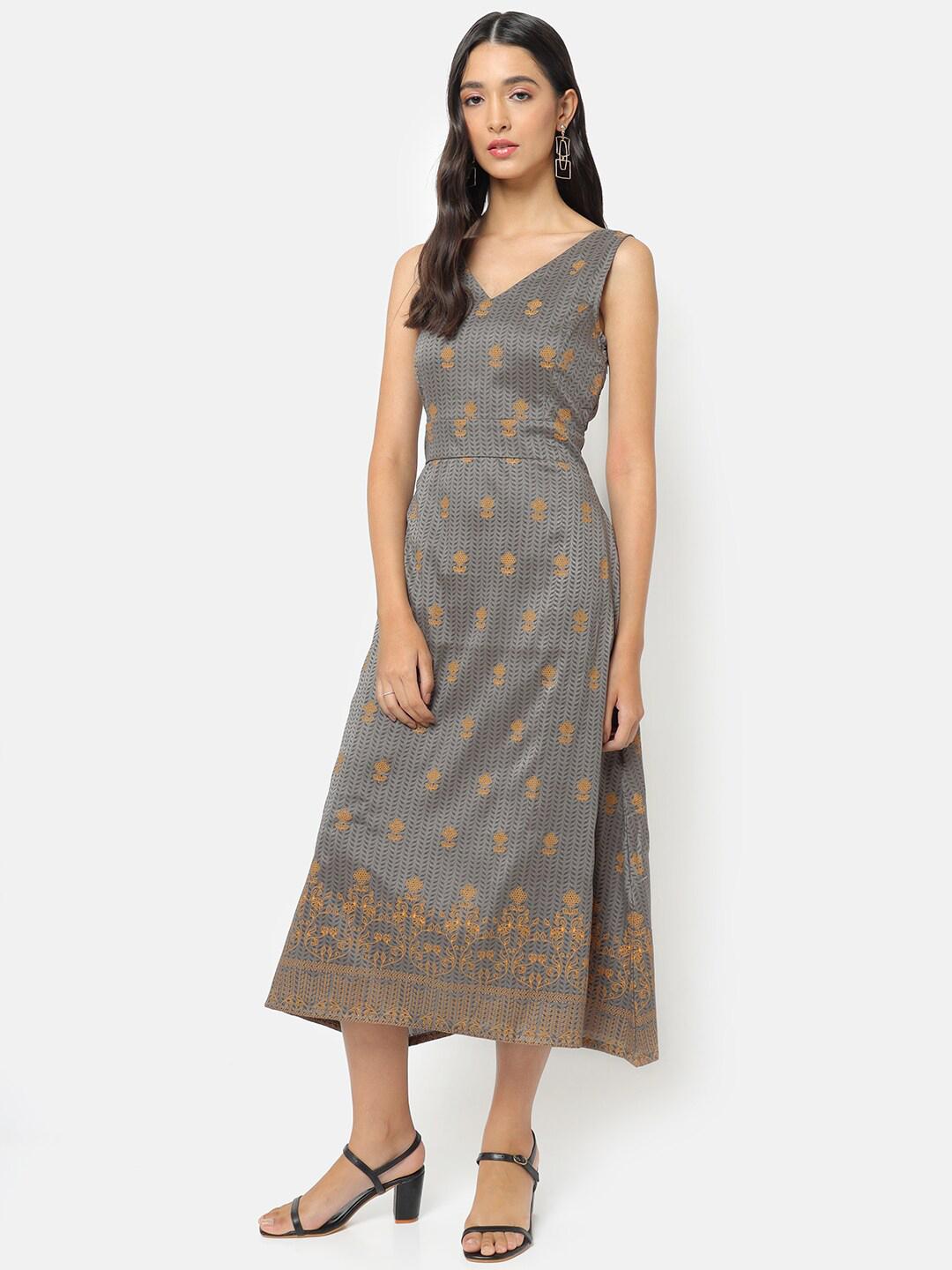 Buy Saaki Grey Ethnic Motifs Cotton Midi Dress - Ethnic Dresses for ...