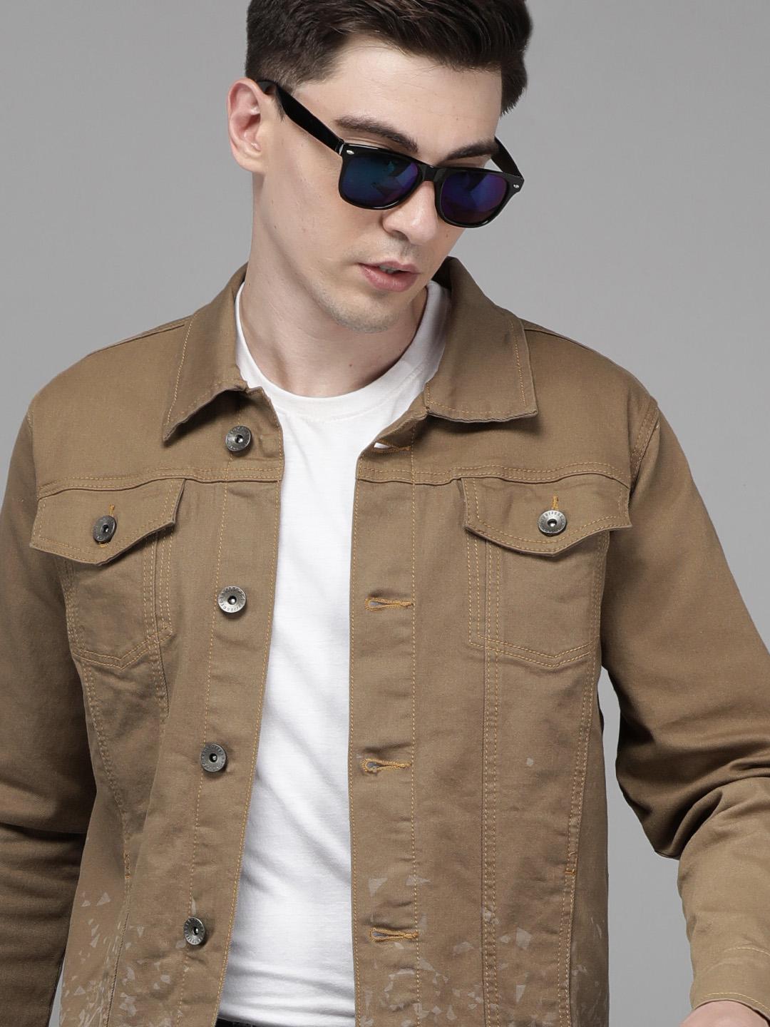 Buy Voi Jeans Men Khaki Pure Cotton Abstract Printed Denim Jacket ...
