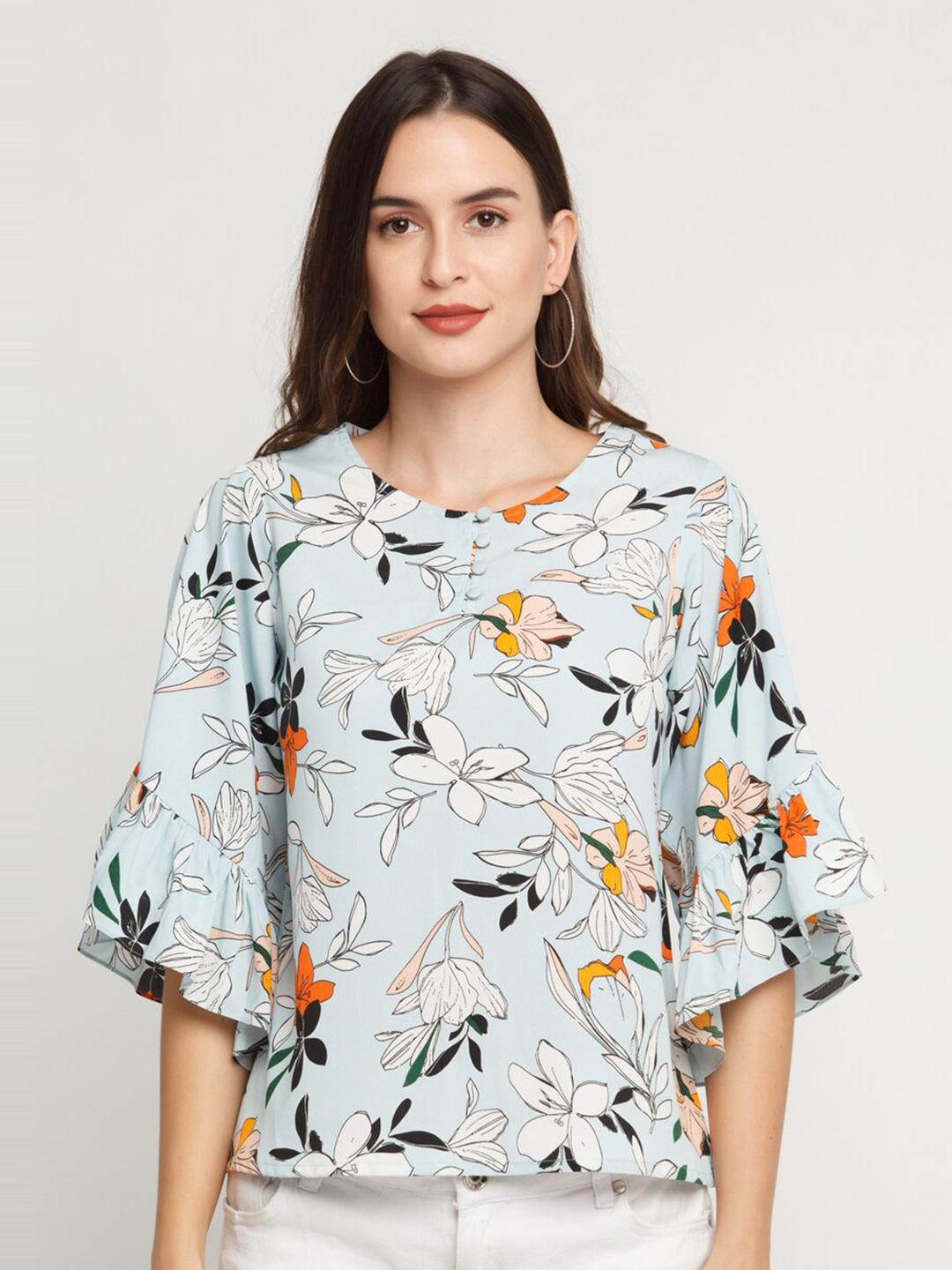 Buy Zink London Blue & Black Floral Print Flared Sleeve Top - Tops for ...