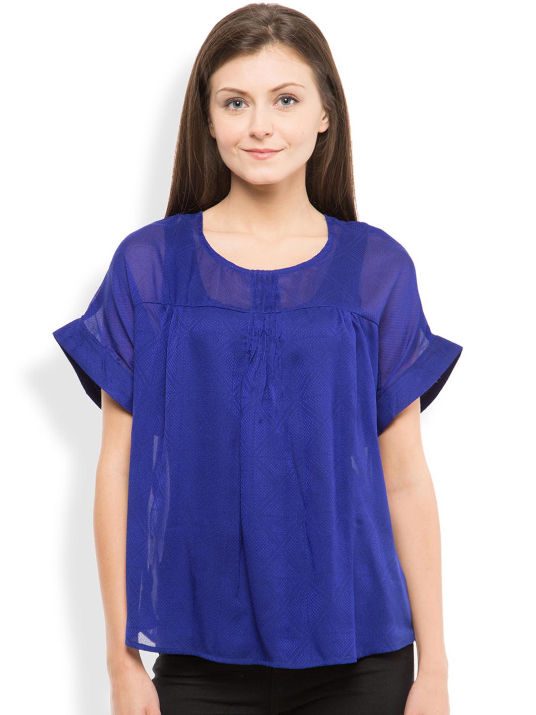 Buy Tokyo Talkies Women Blue Self Design Semi Sheer Boxy Top - Tops for ...