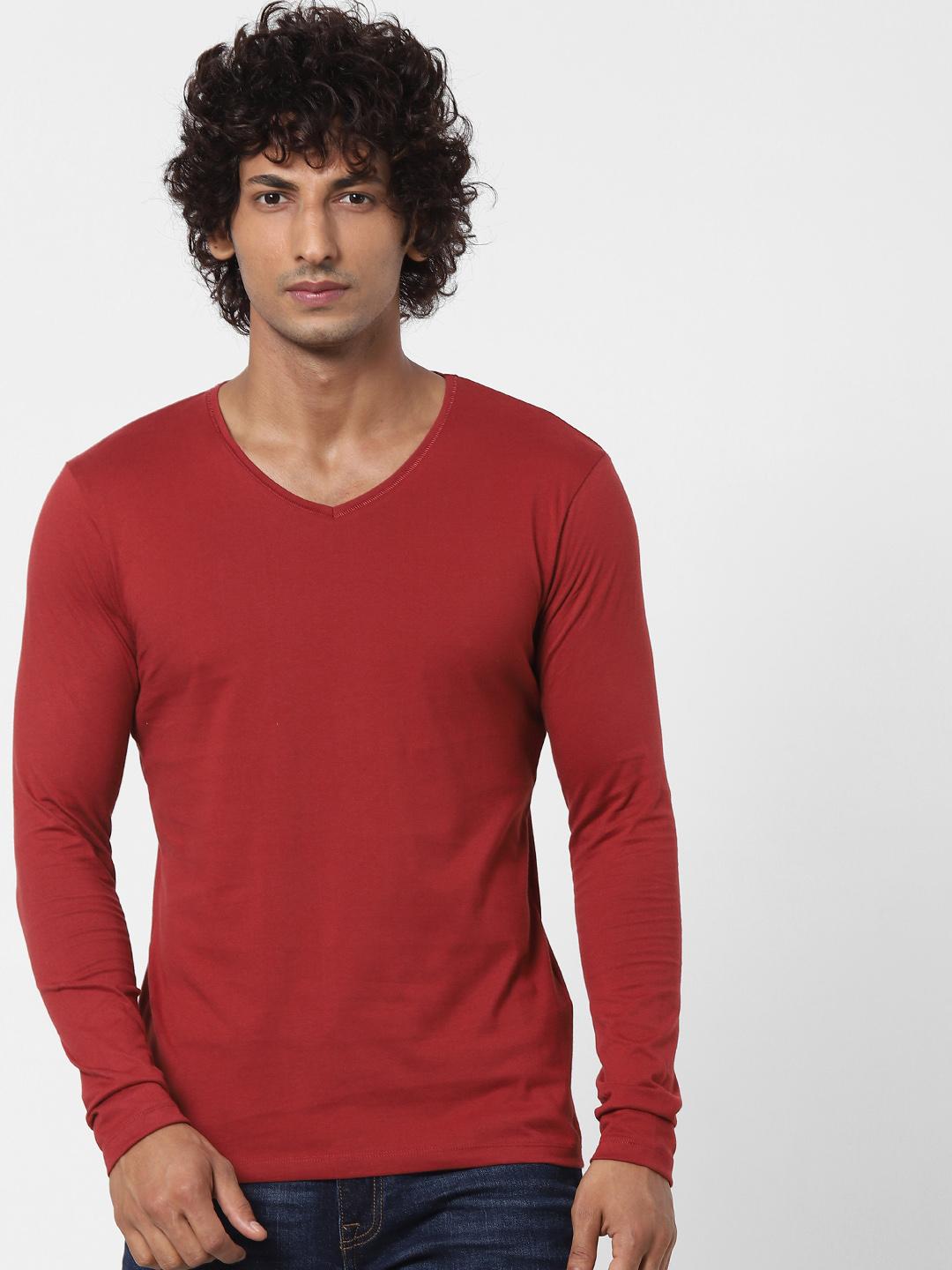 Buy Jack & Jones Men Maroon V Neck Pure Cotton Slim Fit T Shirt ...