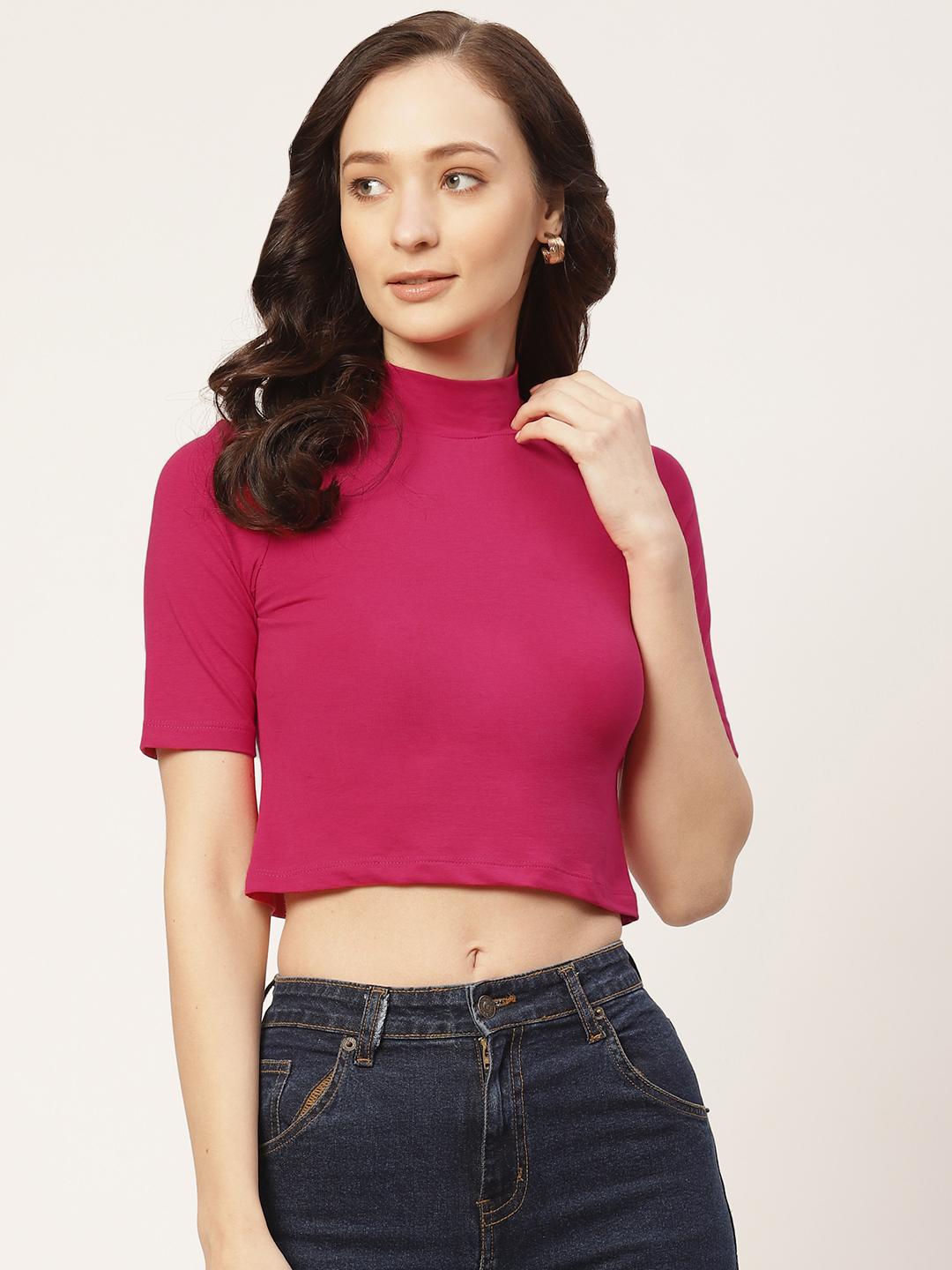 Buy FEMEA Pink Solid Extended Sleeves Crop Top - Tops for Women ...