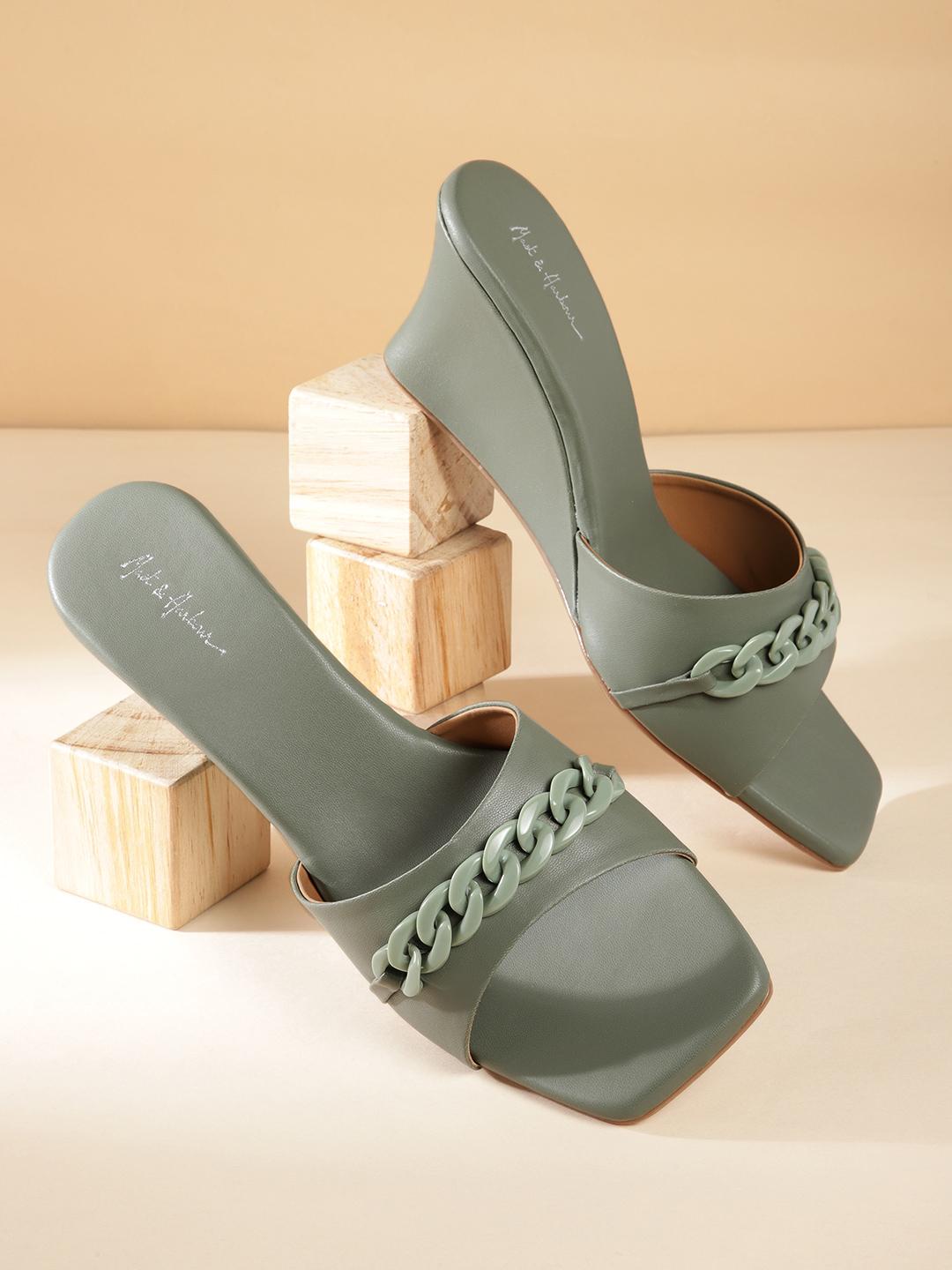 Buy Mast & Harbour Women Olive Green Link Chain Detail Wedges - Heels ...